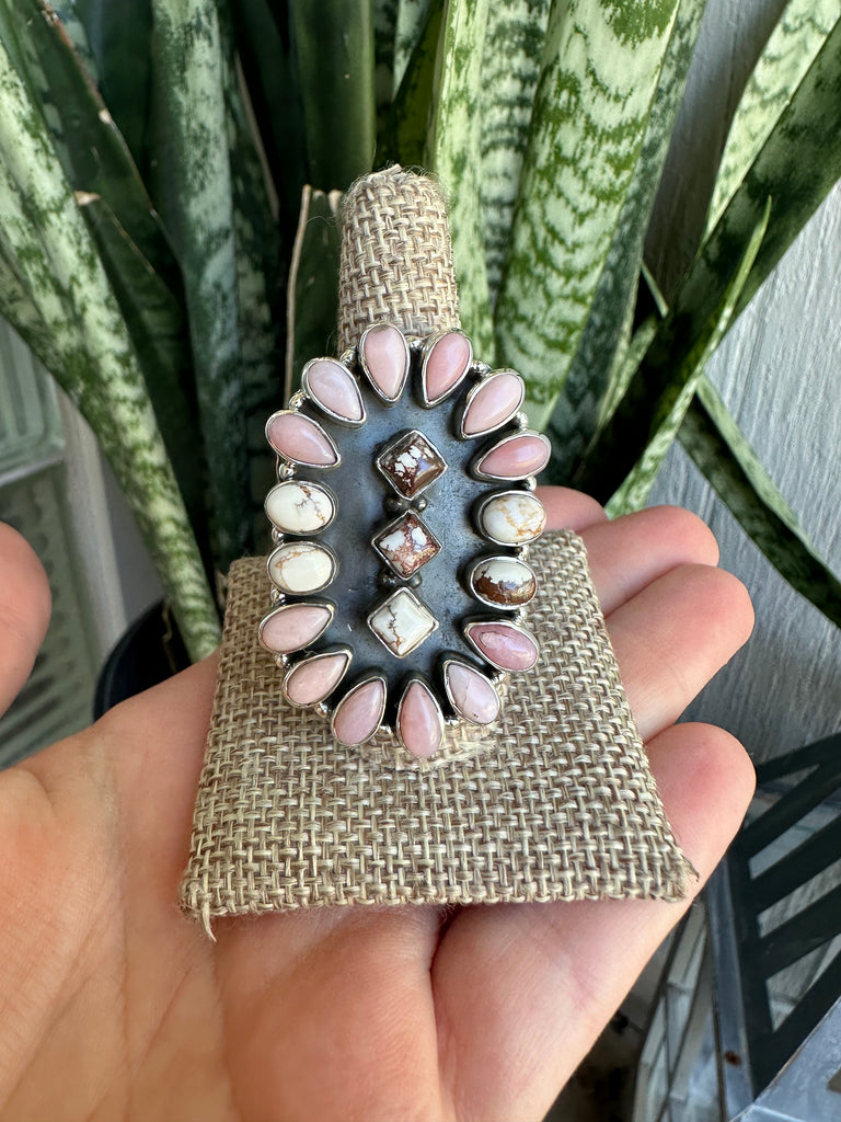 Beautiful Handmade Wild Horse, Pink Conch And Sterling Silver Adjustab ...