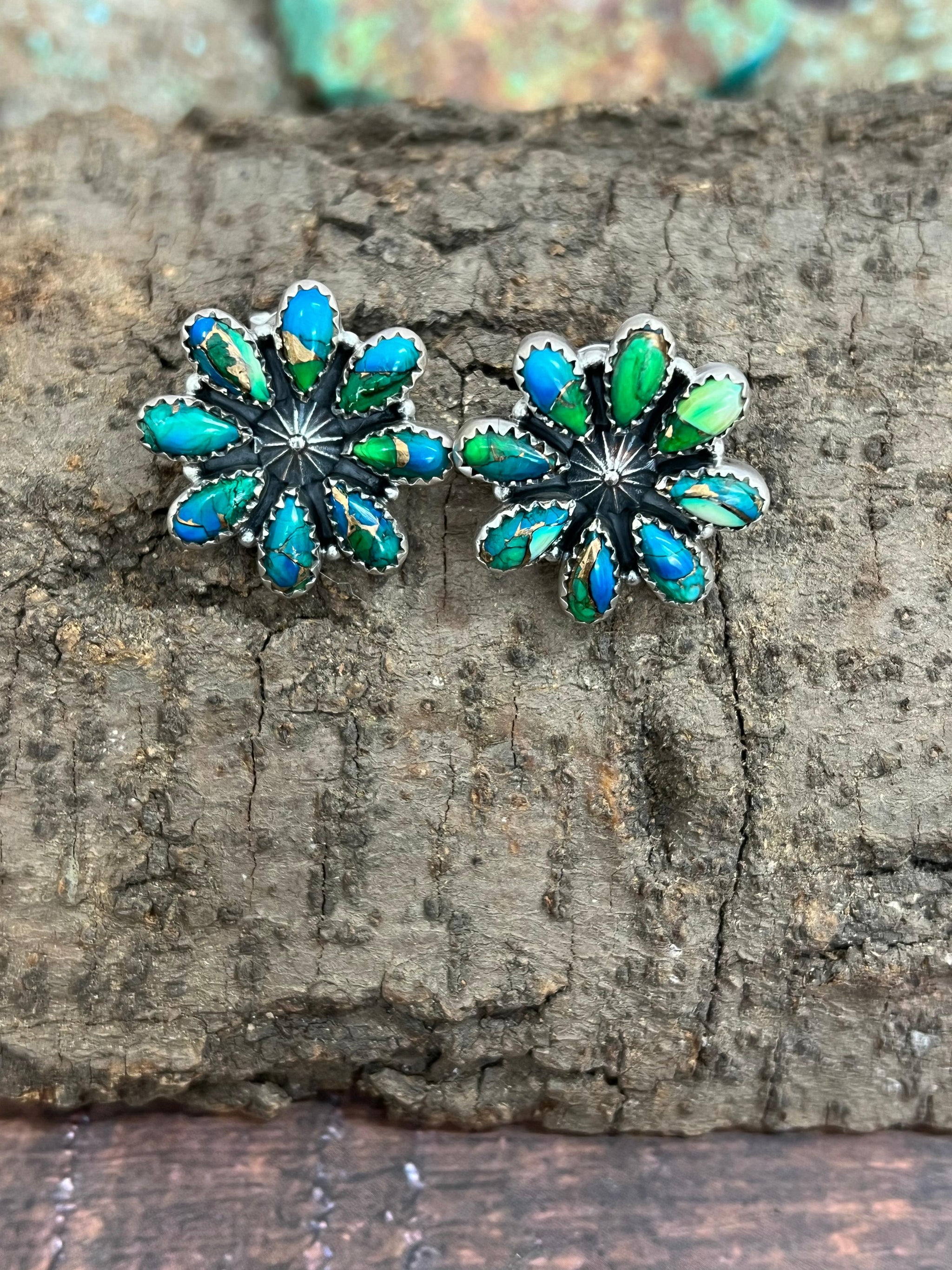 Handmade Sterling Silver Peacock Dahlia Post Earrings with Signed Nizh
