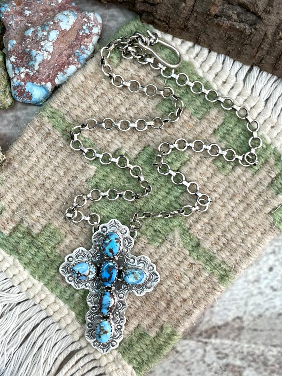 Handmade Sterling Silver Golden Hills Turquoise Cross Necklace "Signed