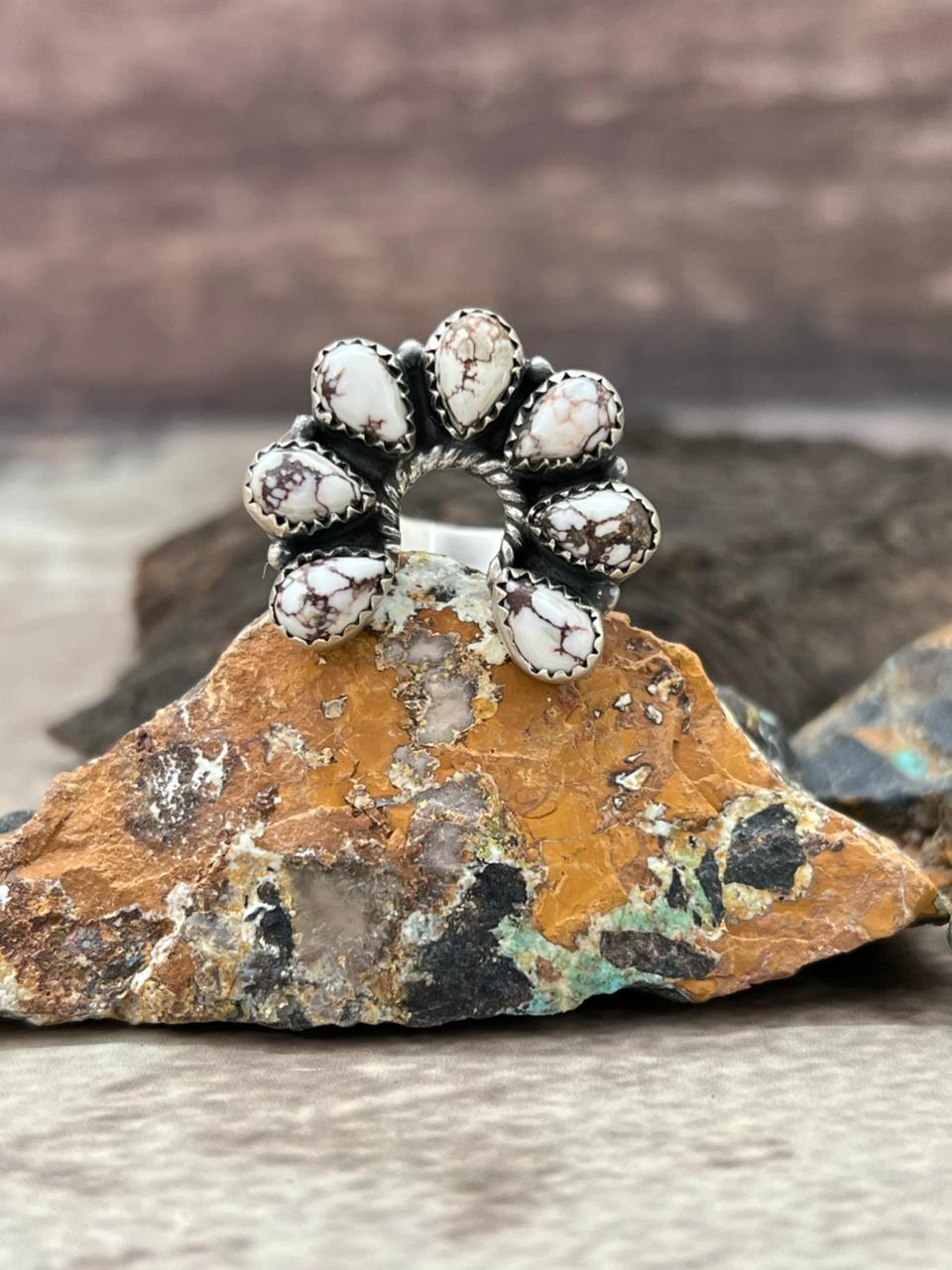 Handmade Sterling Silver Wild Horse Magnesite Adjustable Ring "Signed