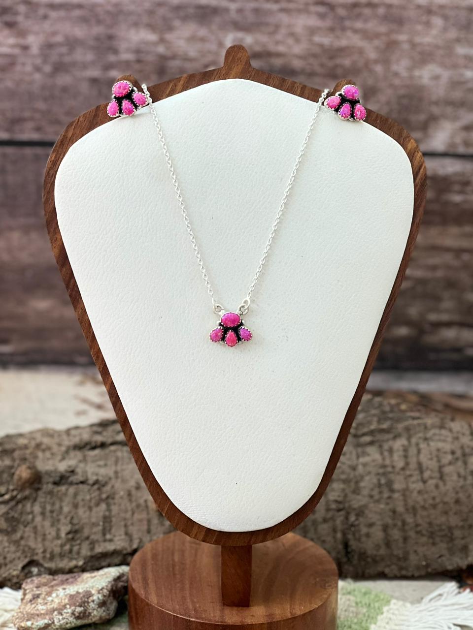 Handmade Sterling Silver Hot Pink Heart Necklace Earrings Set "Signed