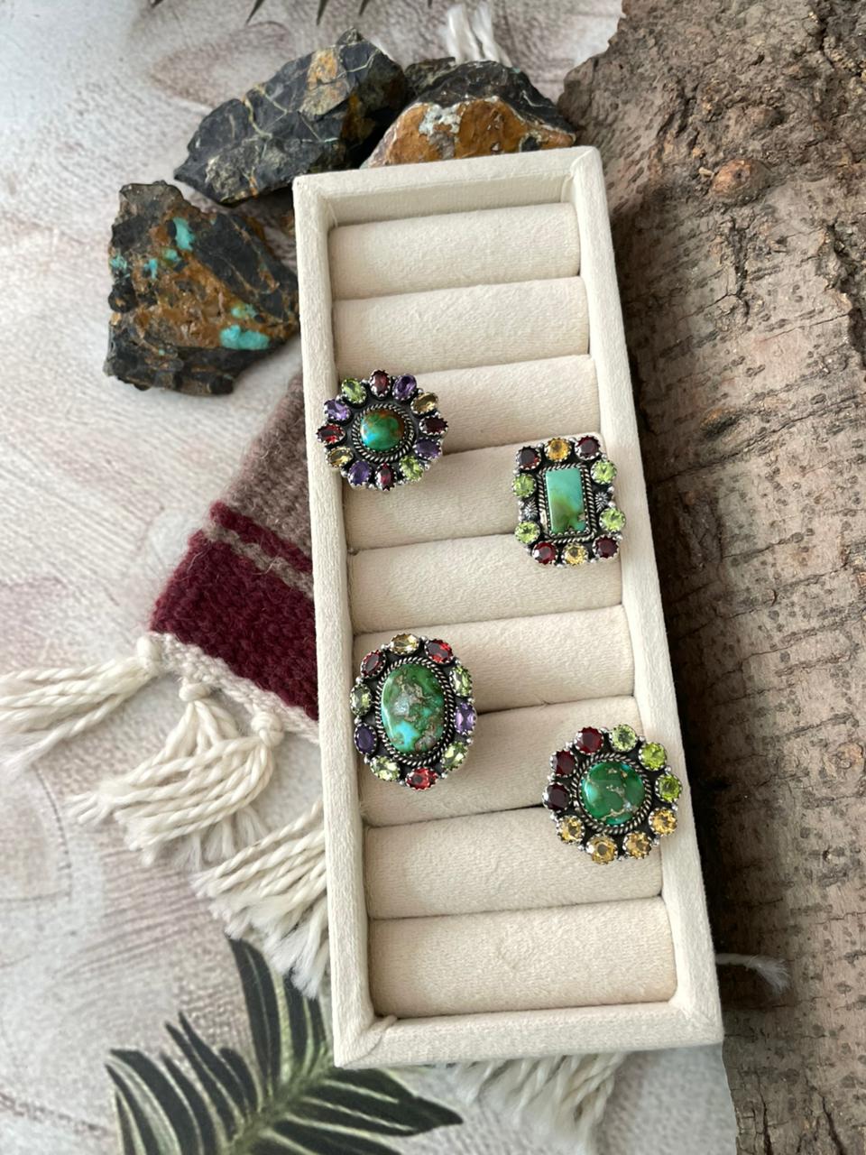 Handmade Sterling Silver Sonoran with Cut Stones Adjustable Ring "Sign