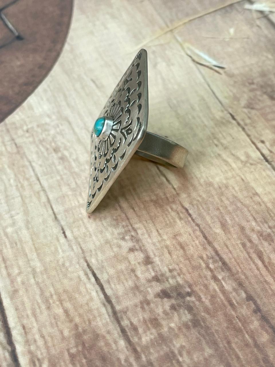 Handmade Sterling Silver Kingman Turquoise Adjustable Ring "Signed Niz