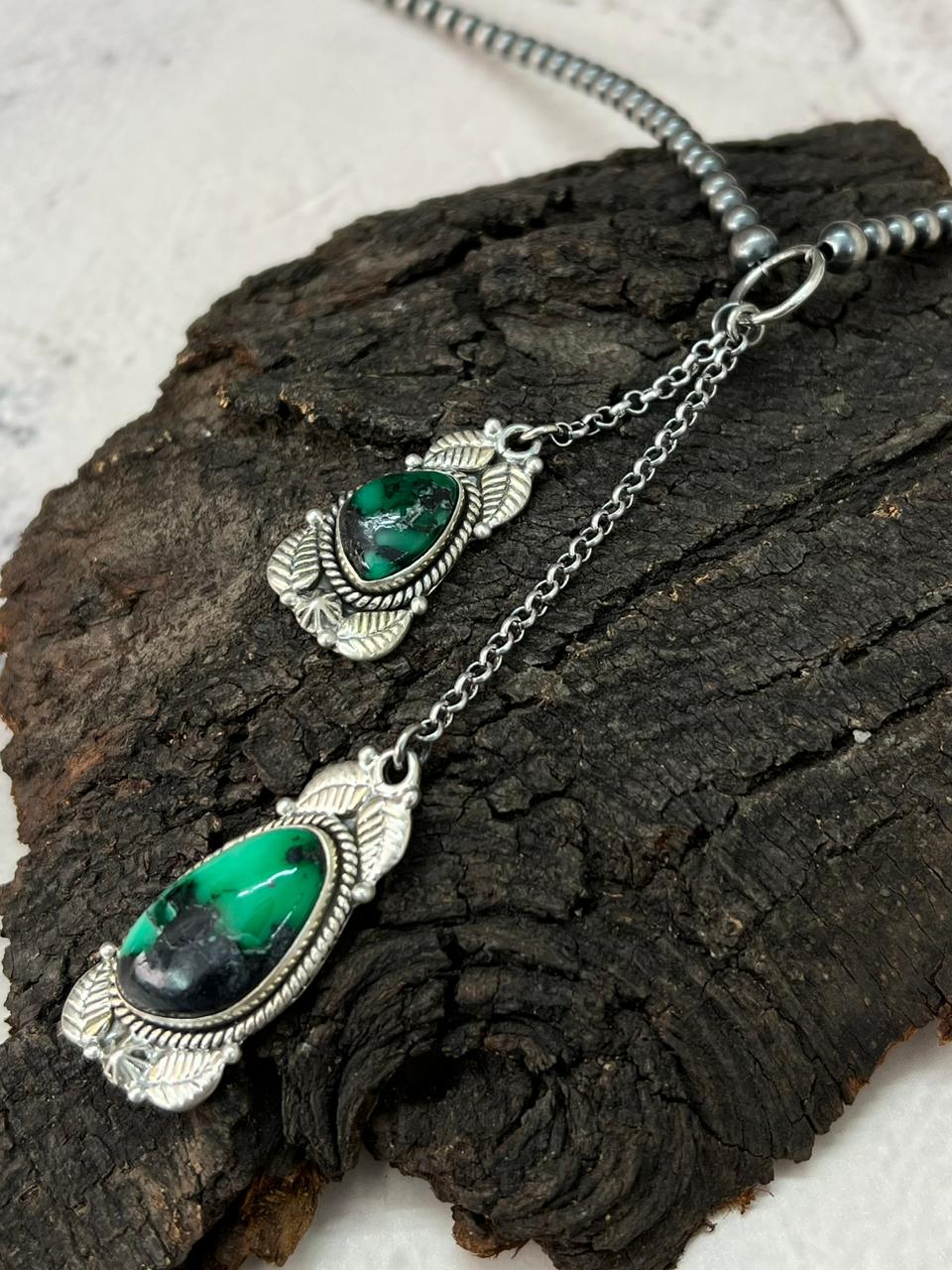 Handmade Sterling Silver Beaded Emerald Rose Necklace "Signed Nizhoni"