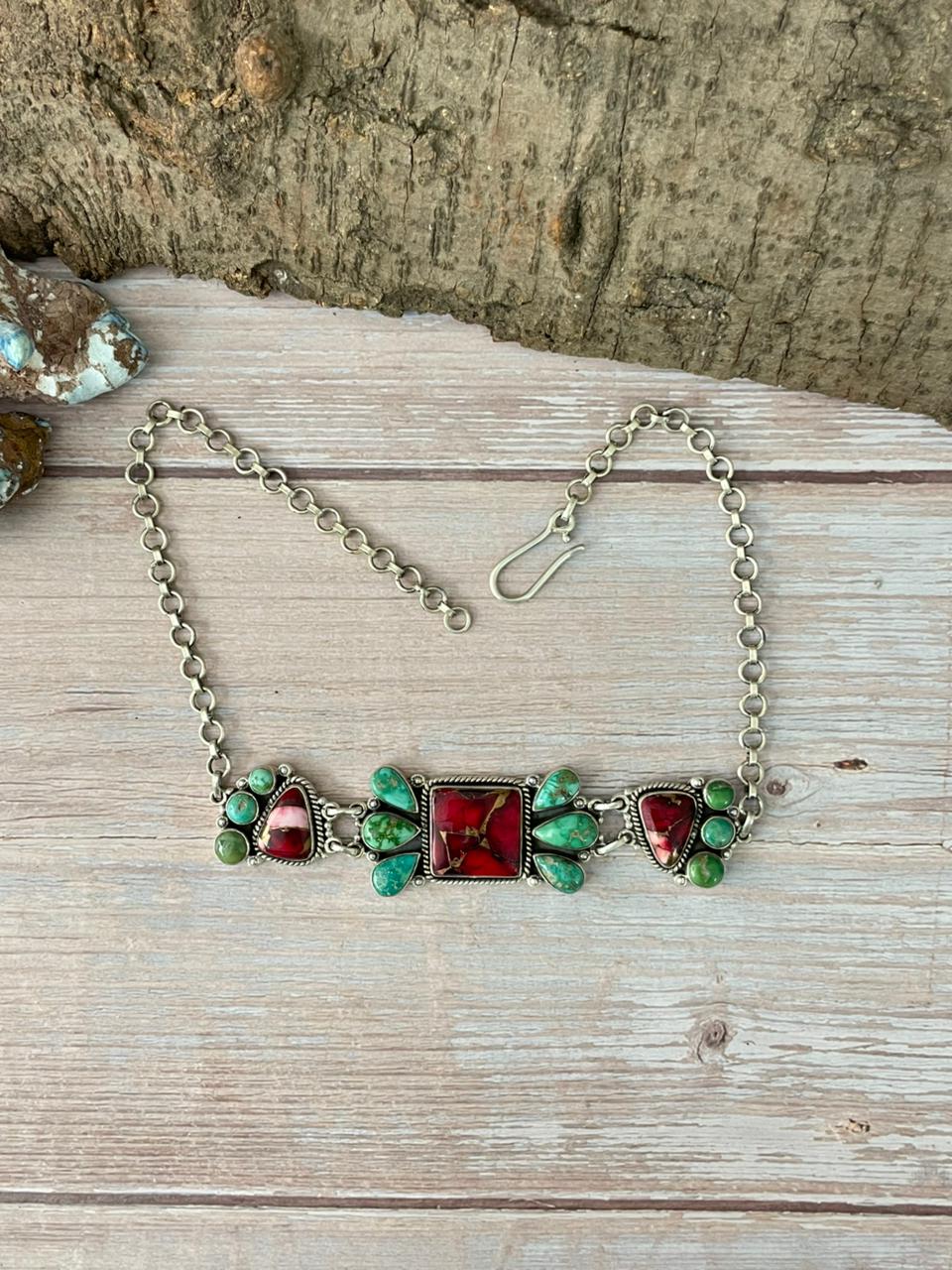 Handmade Sterling Silver Dahlia Rose with Emerald Valley Turquoise Nec