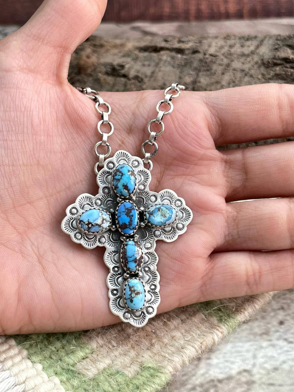 Handmade Sterling Silver Golden Hills Turquoise Cross Necklace "Signed