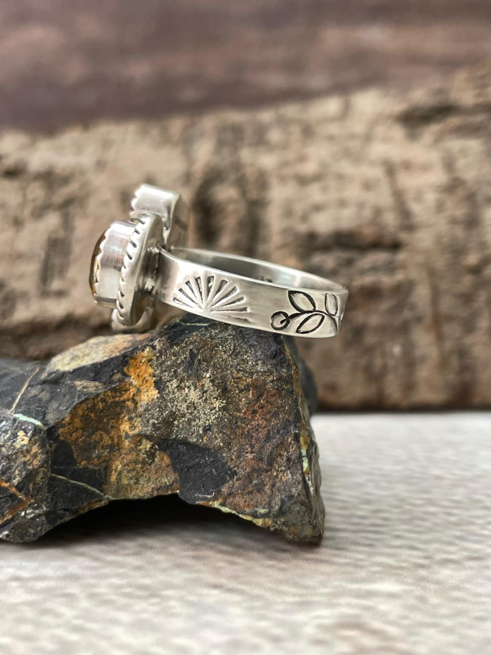 Handmade Sterling Silver Sonoran with Cut Stones Adjustable Ring "Sign