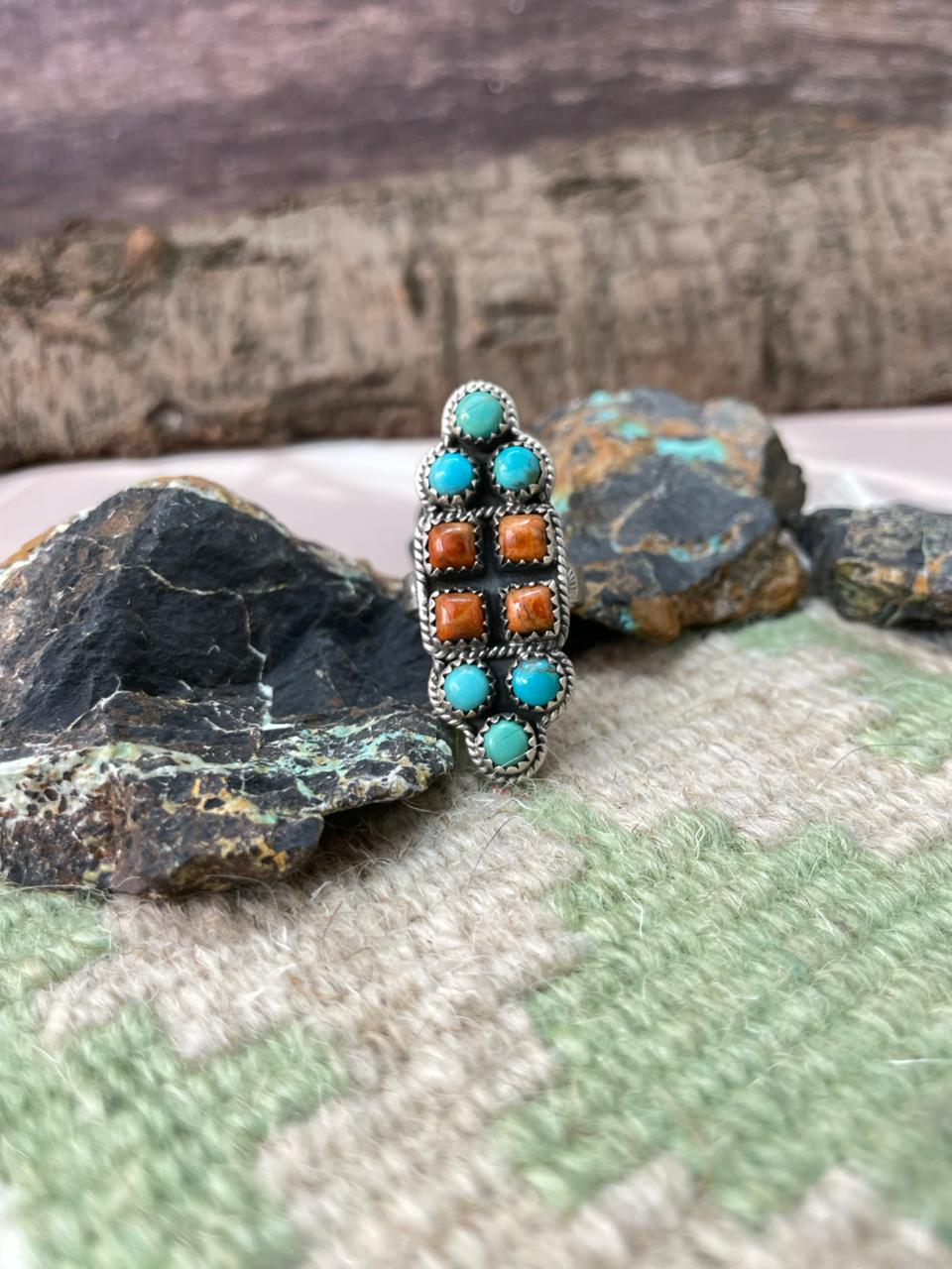 Handmade Sterling Silver Kingman With Orange Mohave Adjustable Ring "S