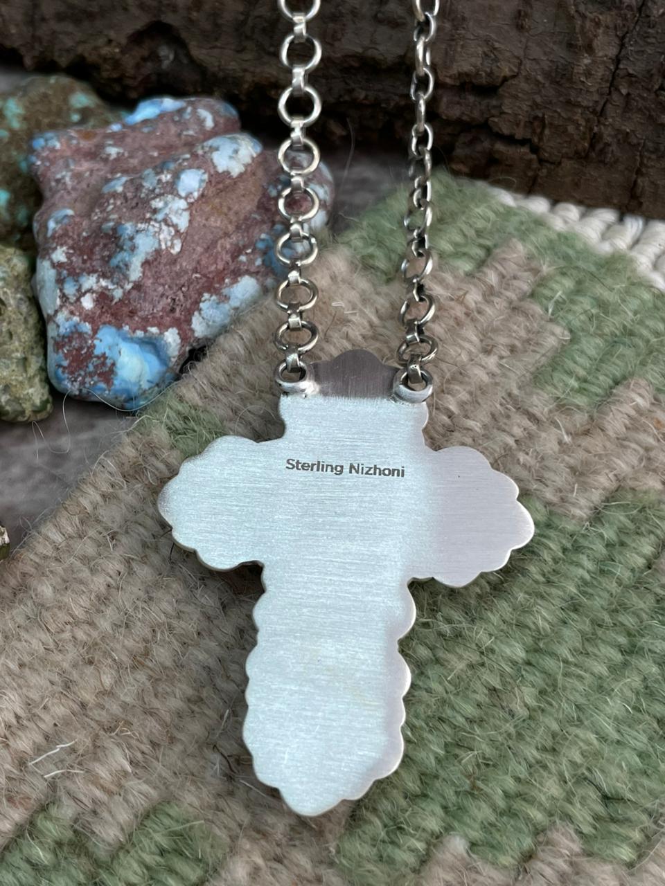 Handmade Sterling Silver Golden Hills Turquoise Cross Necklace "Signed