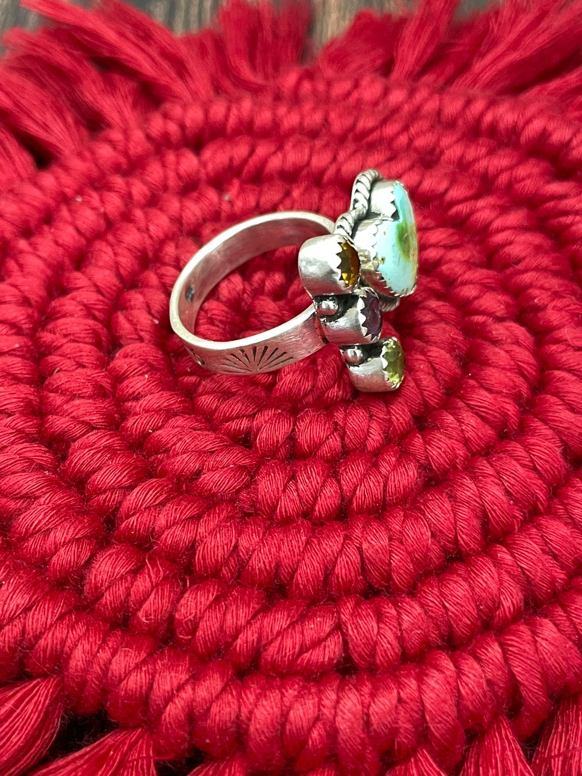 Handmade Sterling Silver Sonoran with Cut Stones Adjustable Ring "Sign