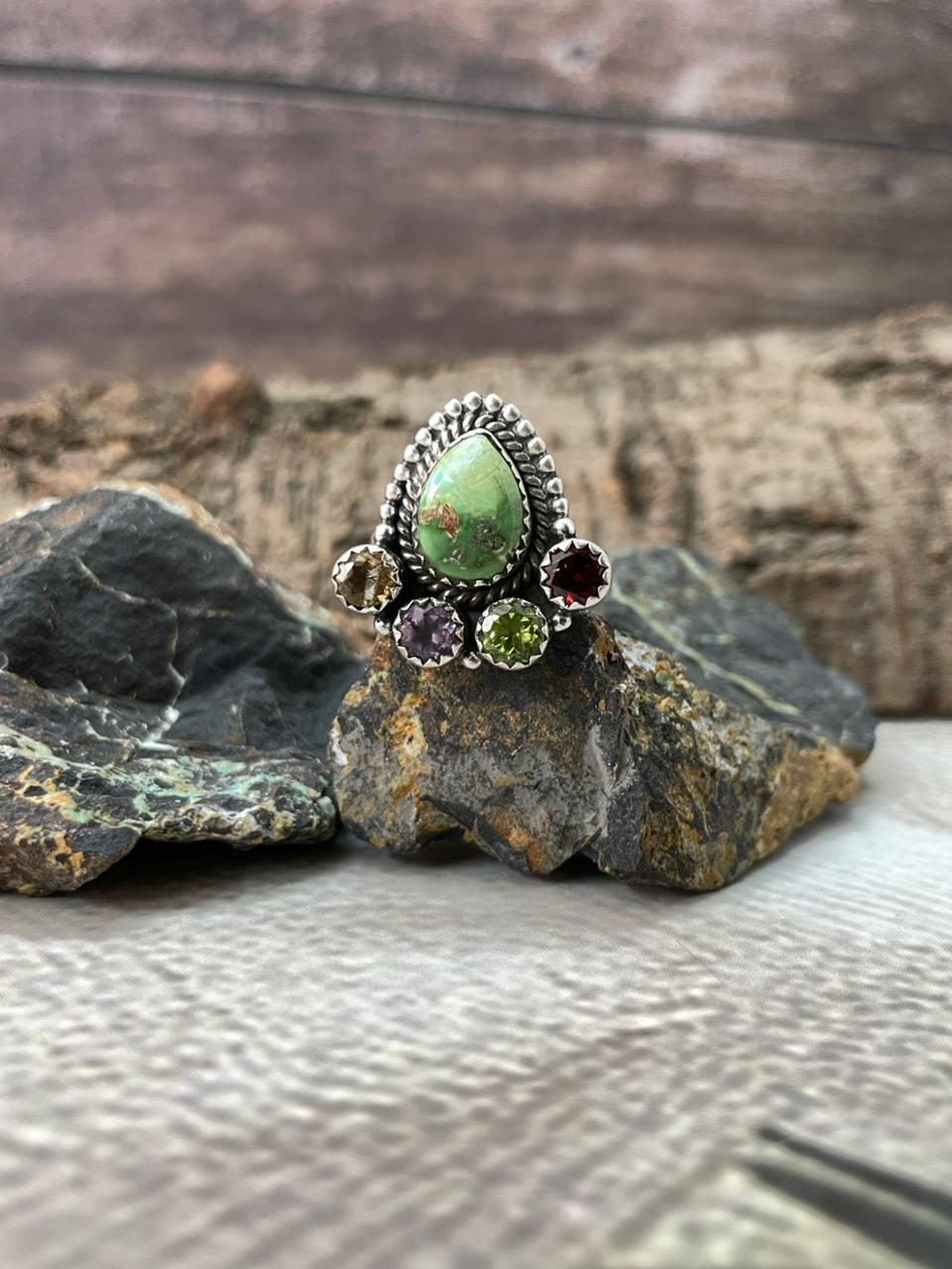 Handmade Sterling Silver Sonoran with Cut Stones Adjustable Ring "Sign