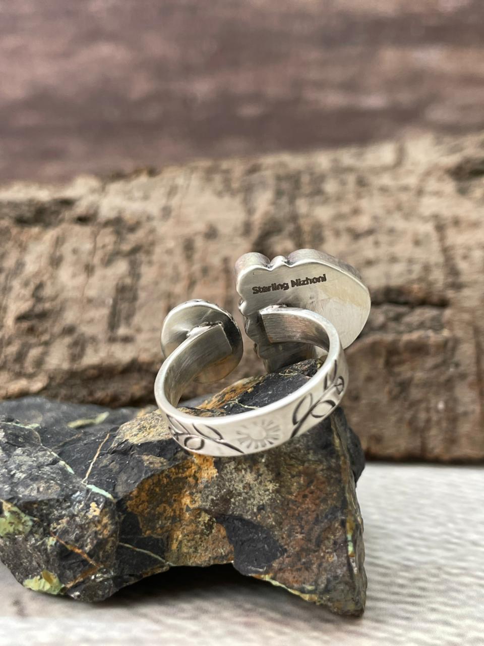 Handmade Sterling Silver Sonoran with Cut Stones Adjustable Ring "Sign