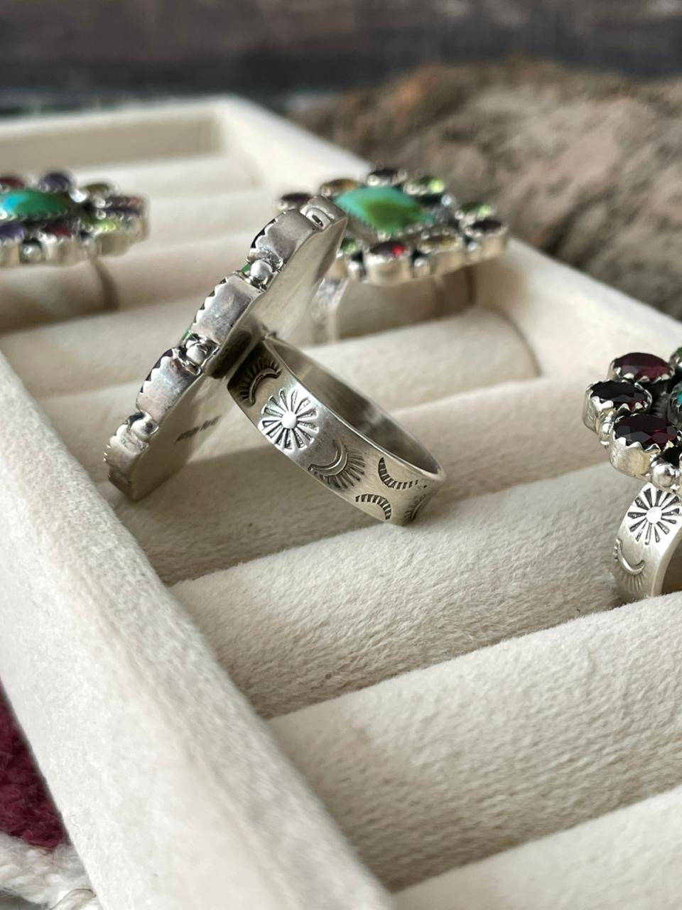 Handmade Sterling Silver Sonoran with Cut Stones Adjustable Ring "Sign