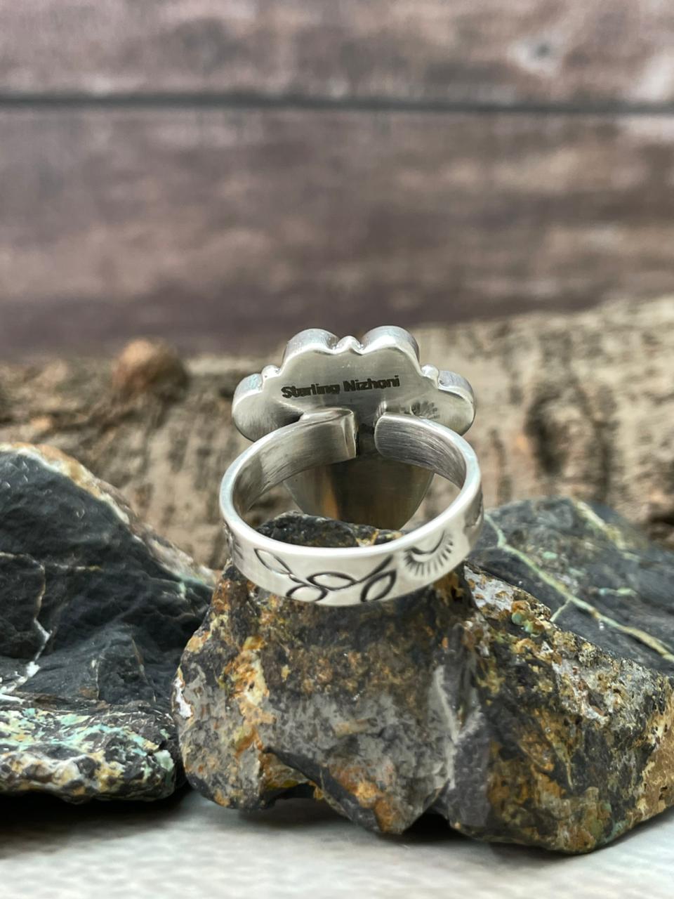 Handmade Sterling Silver Sonoran with Cut Stones Adjustable Ring "Sign