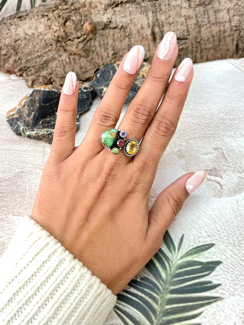 Handmade Sterling Silver Sonoran with Cut Stones Adjustable Ring "Sign