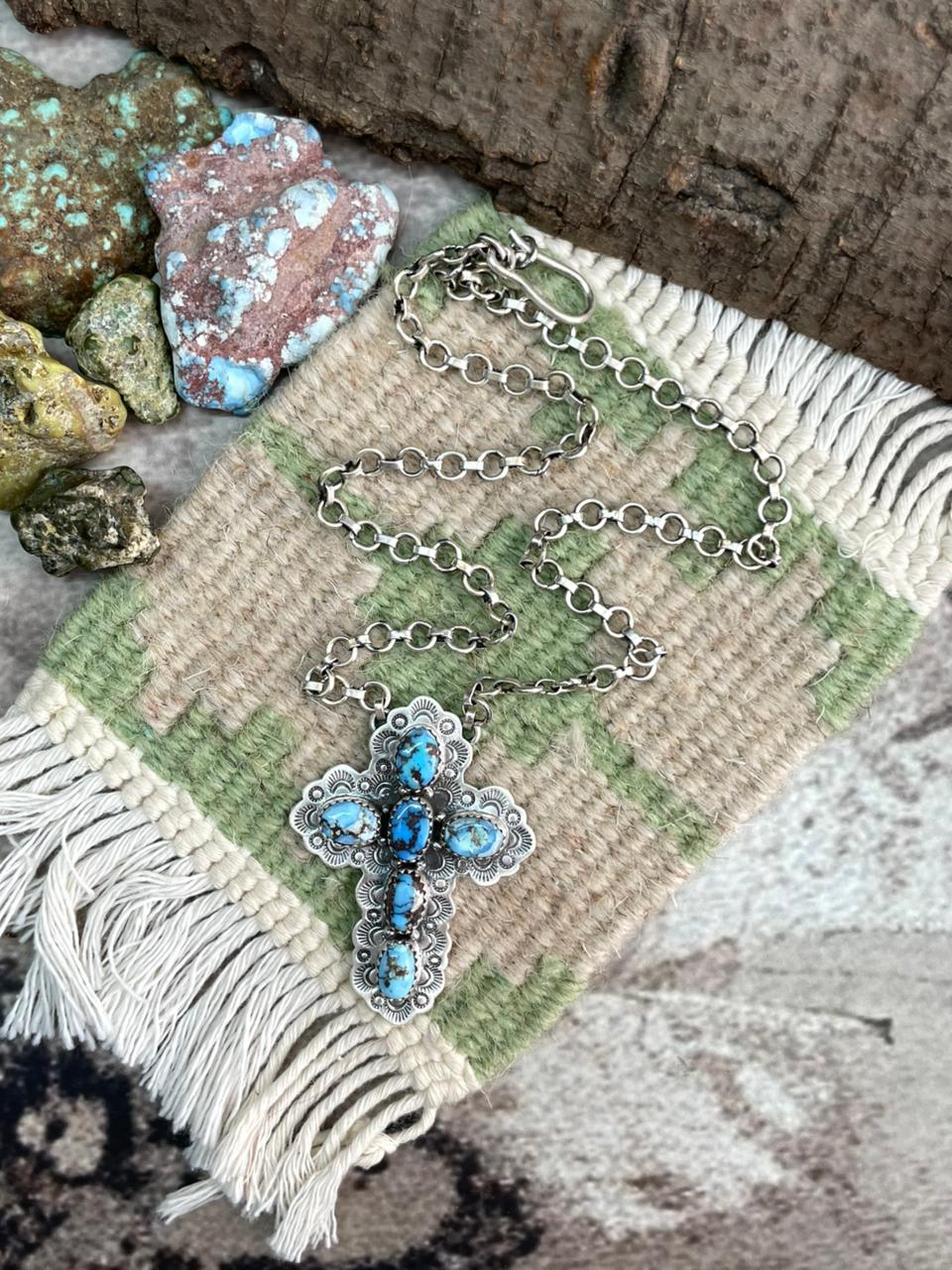 Handmade Sterling Silver Golden Hills Turquoise Cross Necklace "Signed