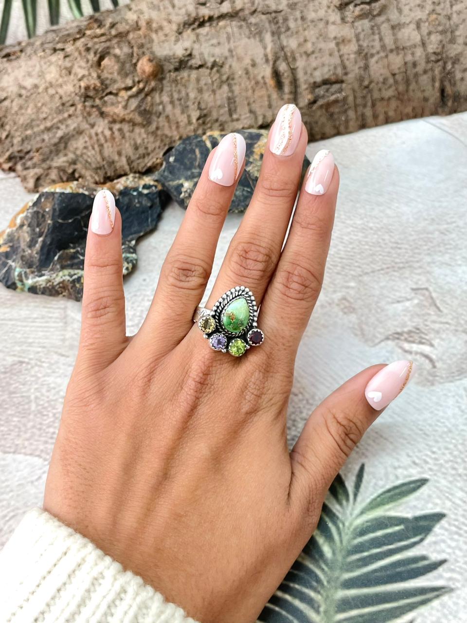 Handmade Sterling Silver Sonoran with Cut Stones Adjustable Ring "Sign