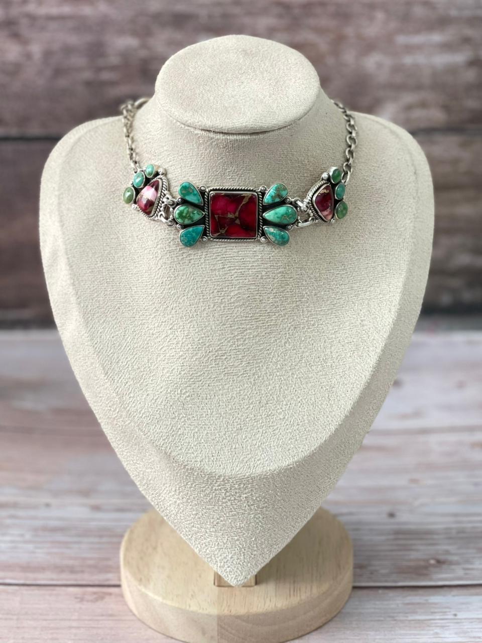 Handmade Sterling Silver Dahlia Rose with Emerald Valley Turquoise Nec