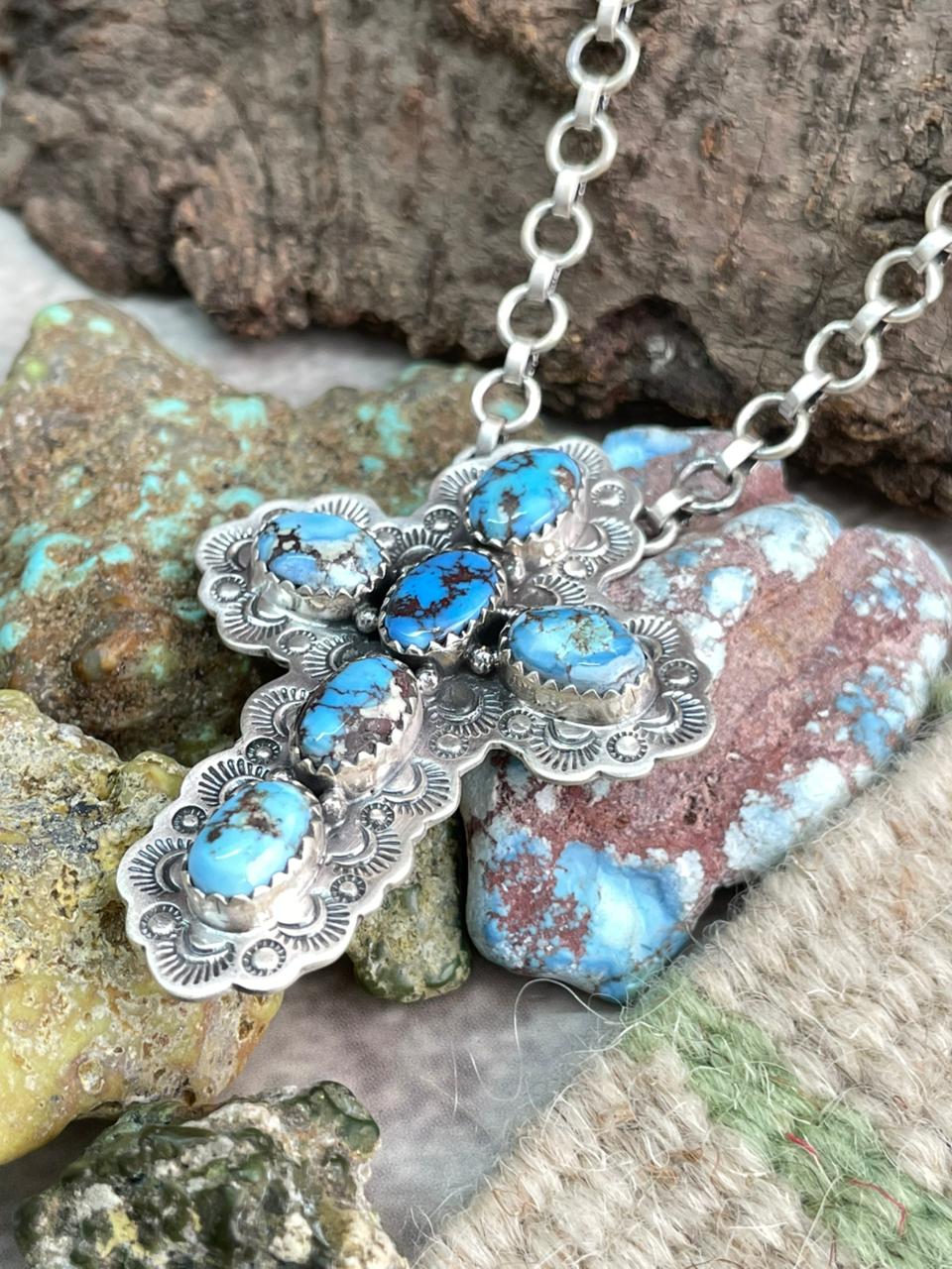 Handmade Sterling Silver Golden Hills Turquoise Cross Necklace "Signed