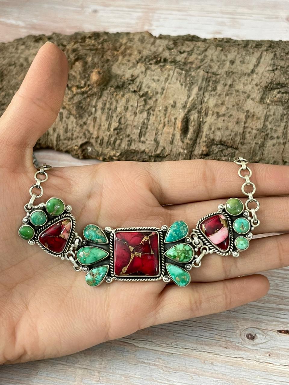 Handmade Sterling Silver Dahlia Rose with Emerald Valley Turquoise Nec