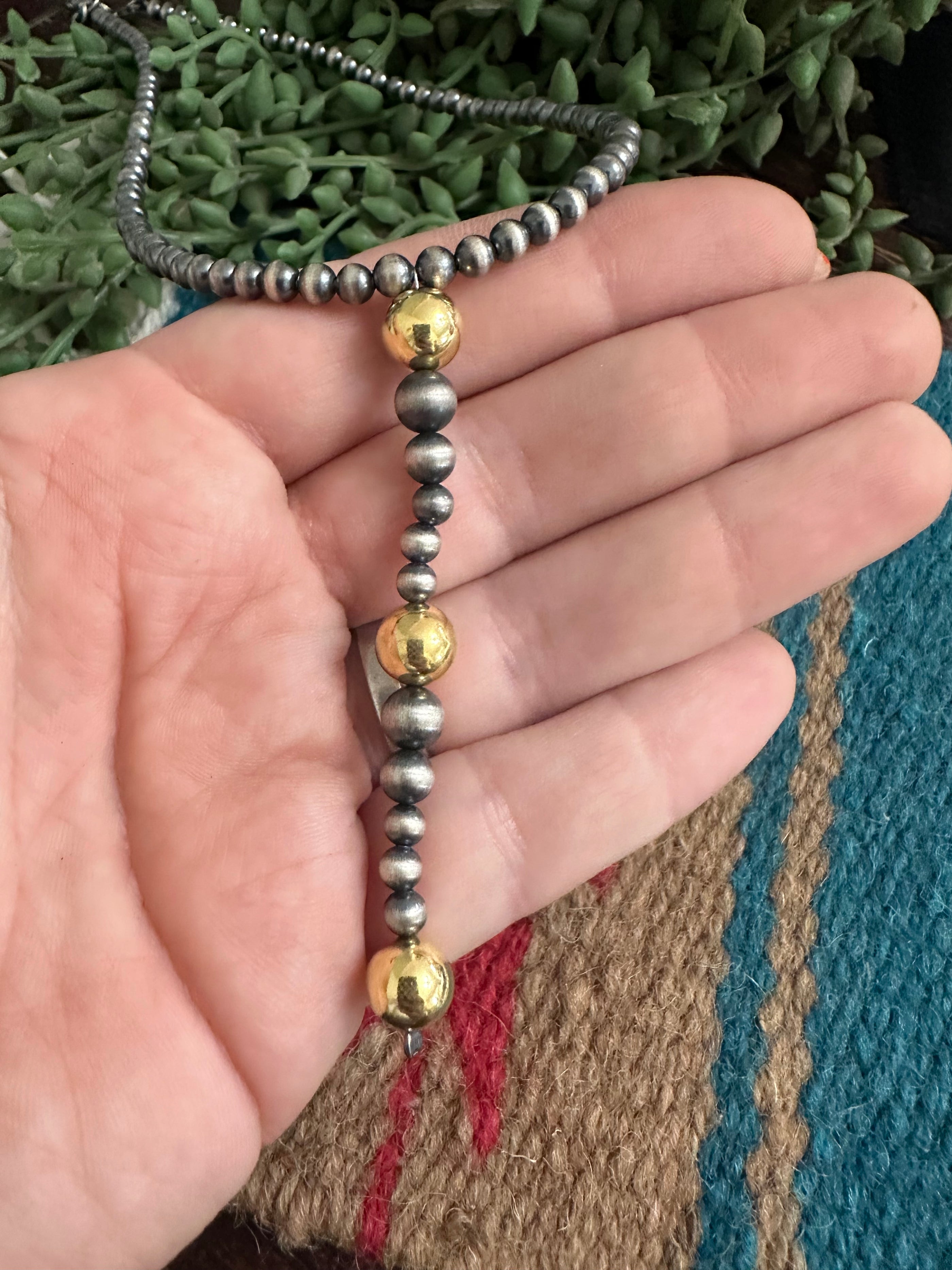 Handmade Navajo Pearl Style Sterling Silver Gold Bead Beaded 16” Neckl