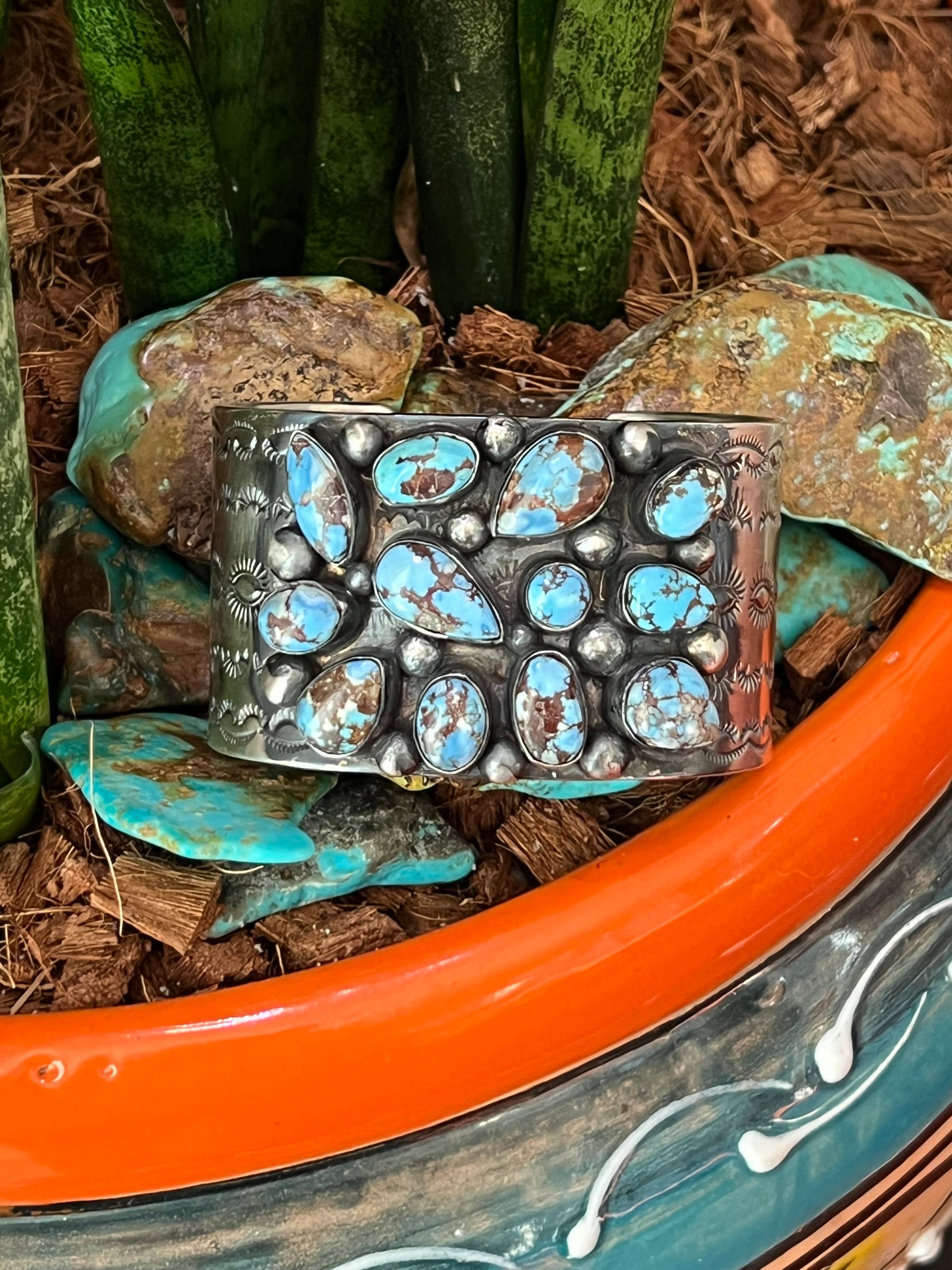 Handcrafted Stamped Sterling Silver and Golden Hills Turquoise Cuff Br