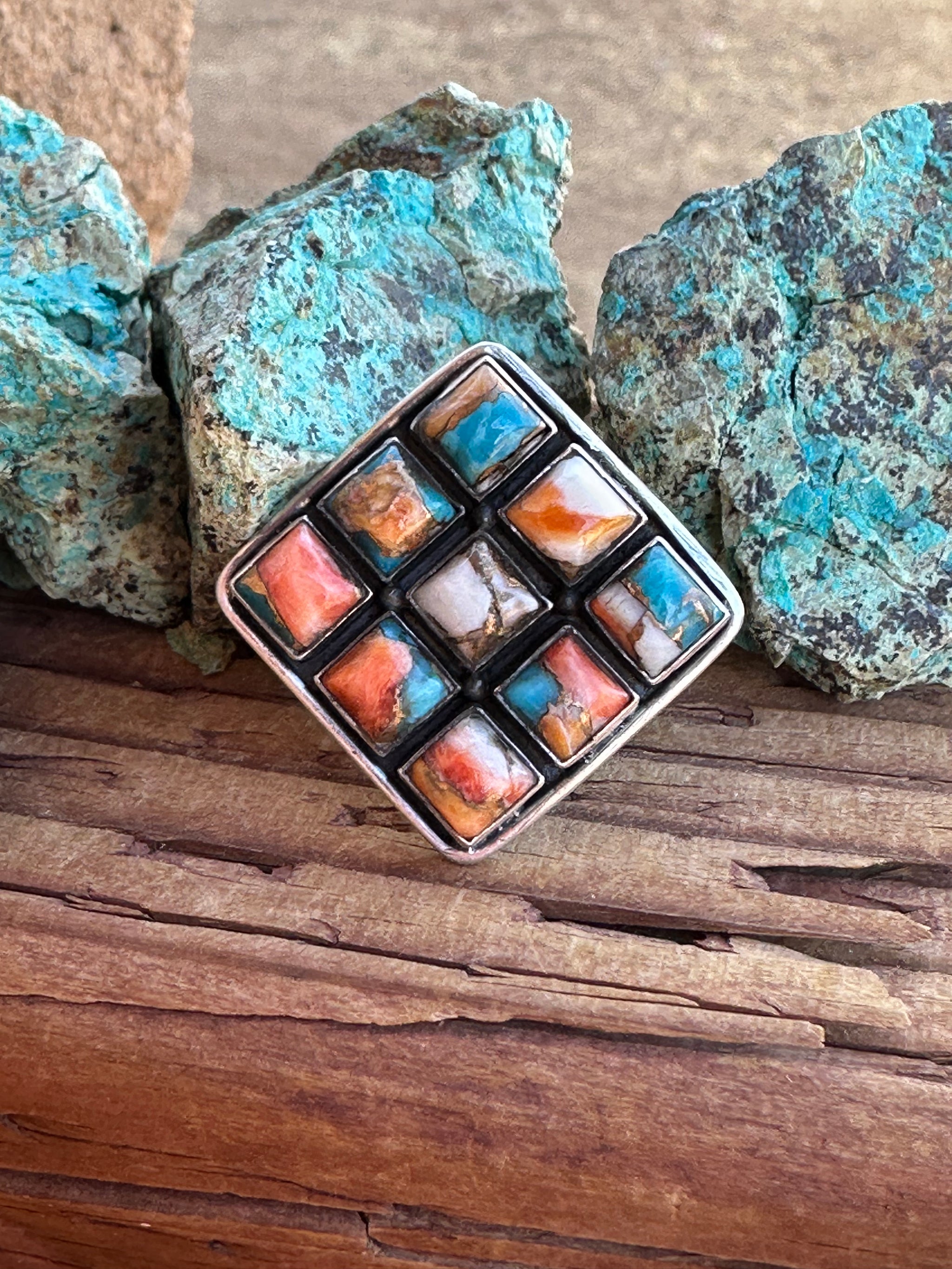 Beautiful Handmade Sterling Silver And Spice Square Adjustable Ring