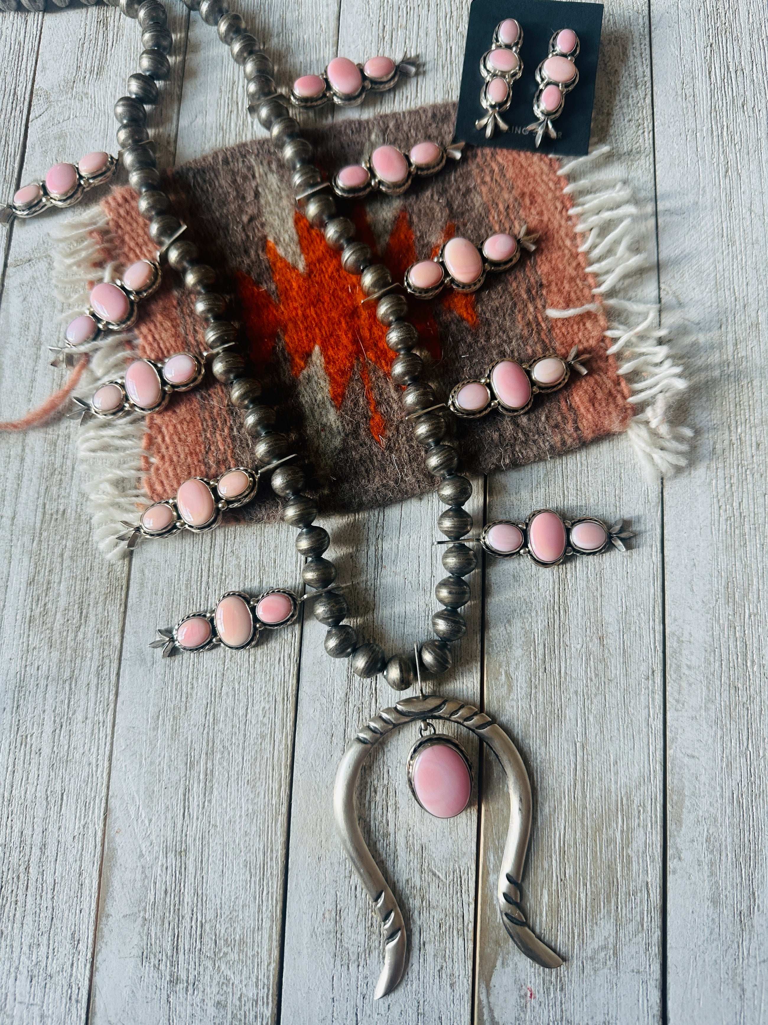 Handcrafted Sterling Silver & Queen Pink Conch Squash Blossom Necklace