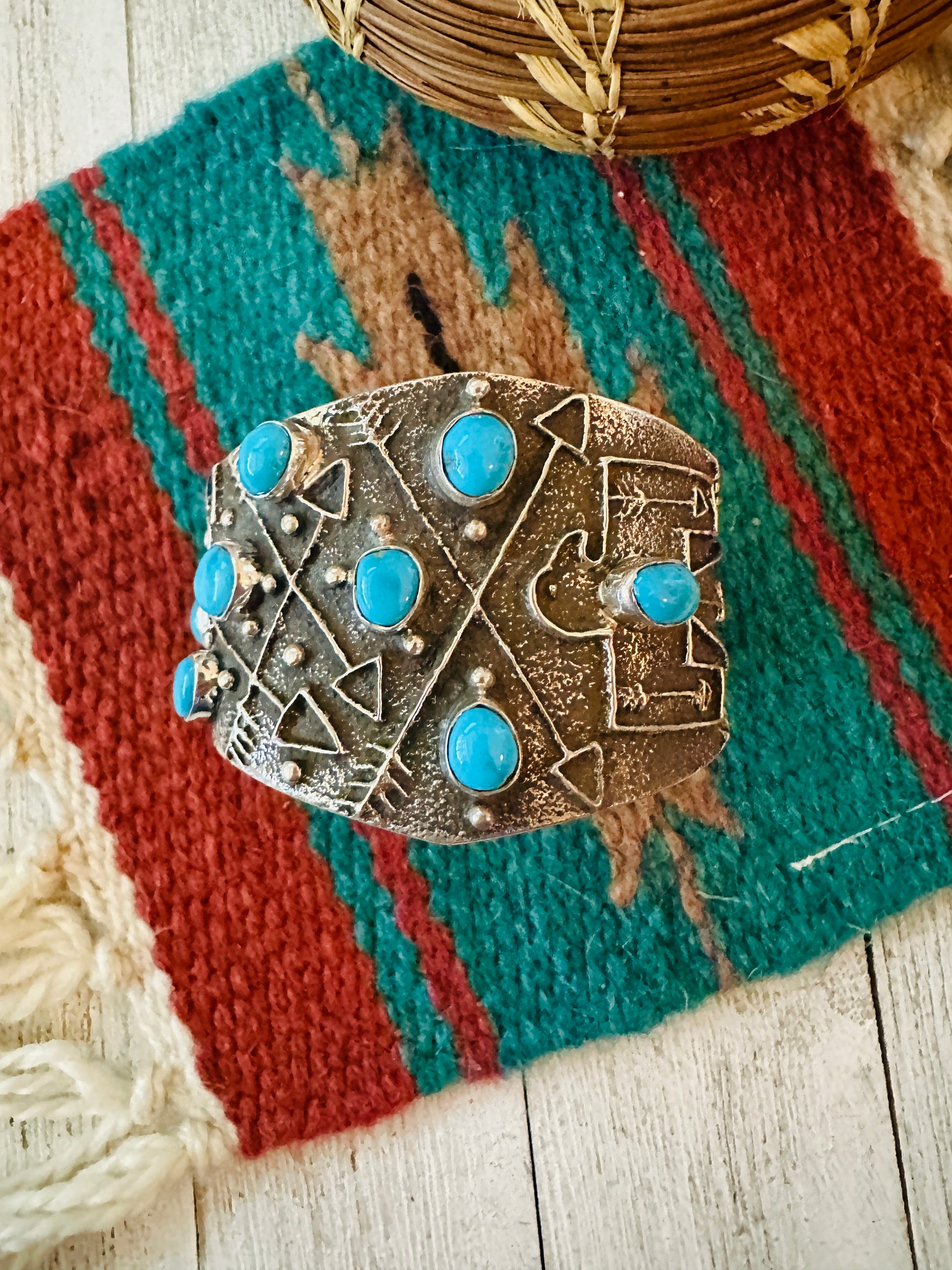 Handcrafted Turquoise & Sterling Silver Thunderbird Tufa Cast Cuff Bra