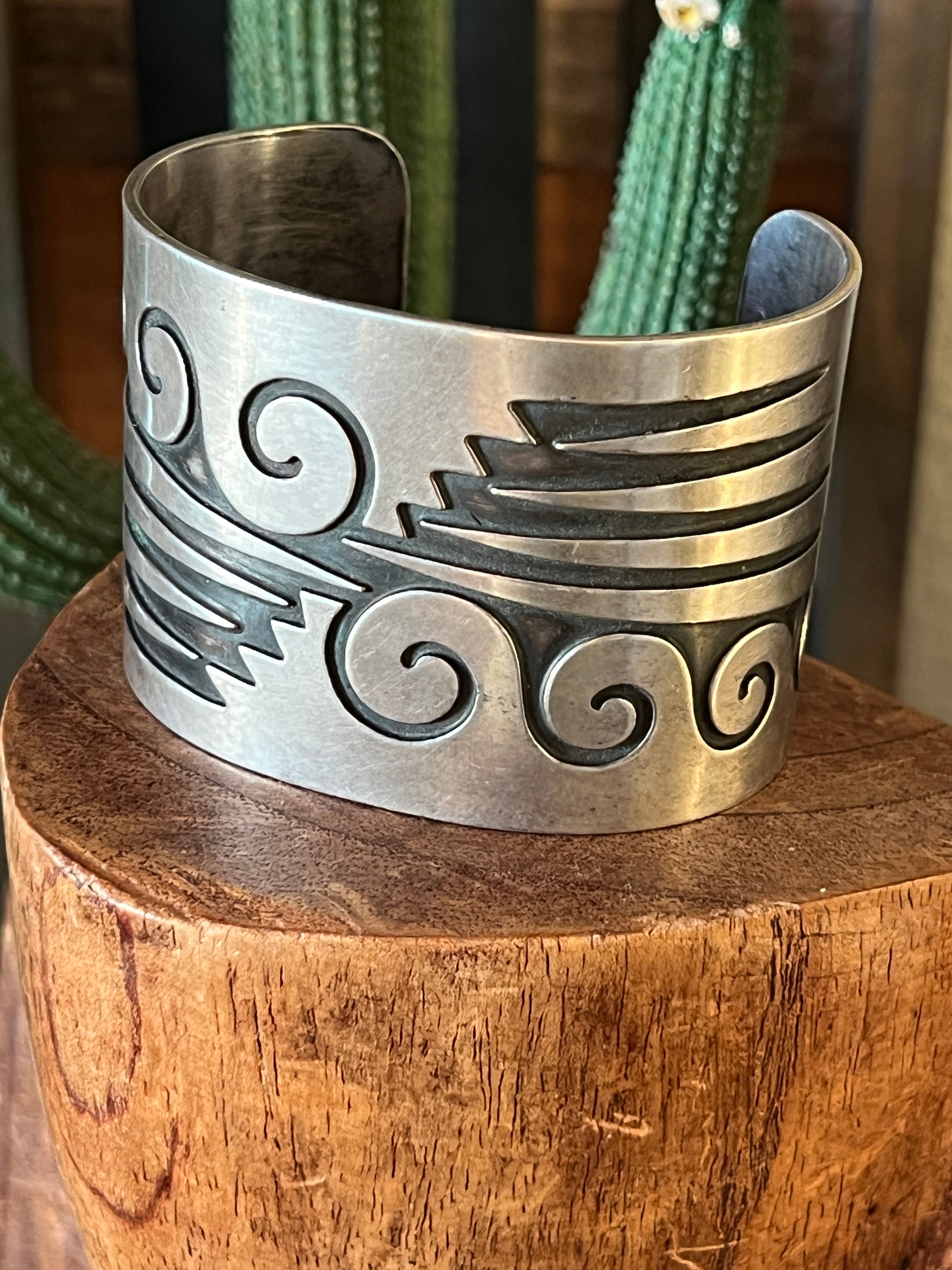 Handcrafted Old Pawn Sterling Silver Water Design Overlay Cuff, Unsign
