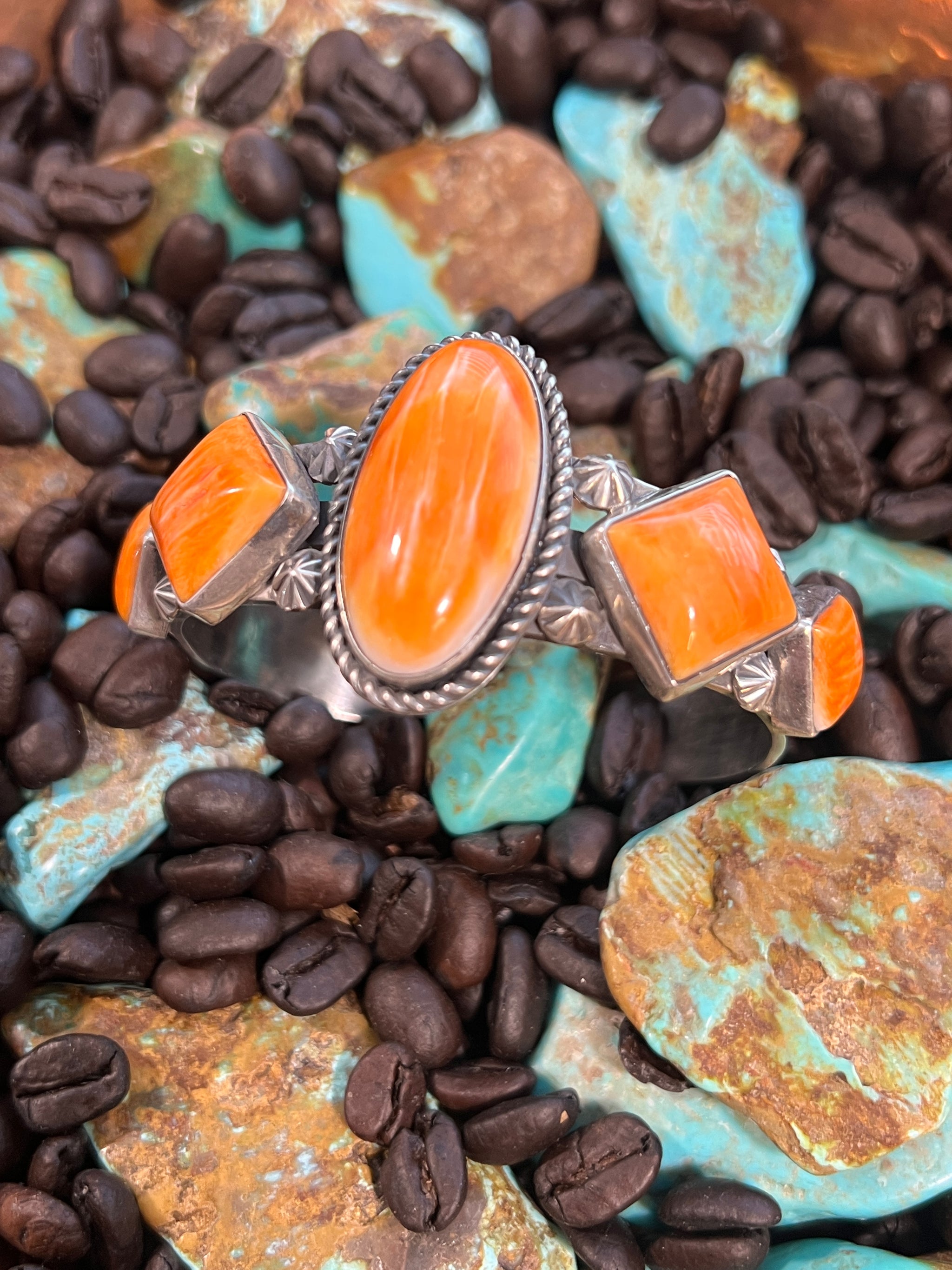 Apache Sterling Silver and Orange Spiny Oyster Shell Geometric Row Cuf