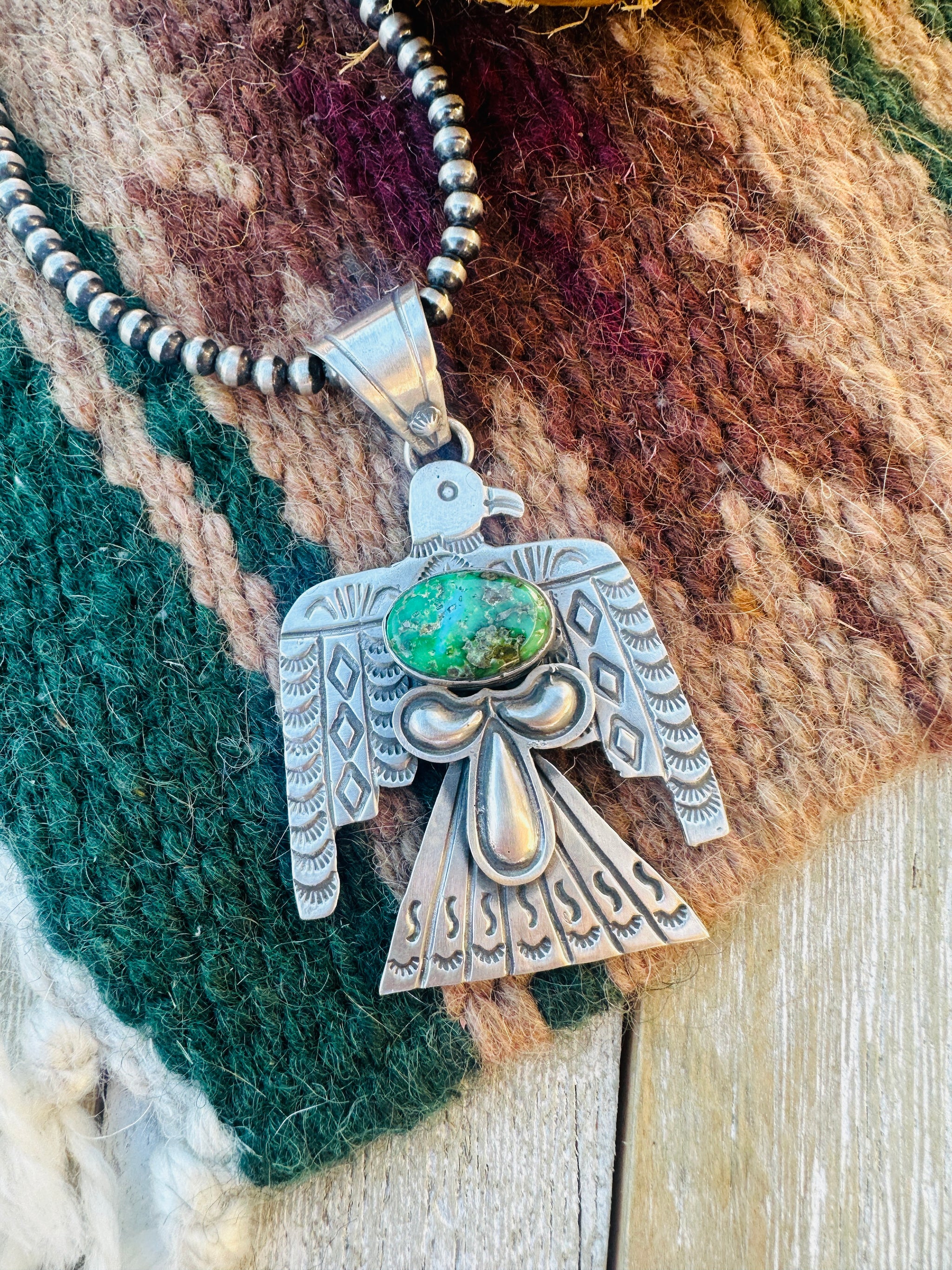 Handcrafted Sterling Silver & Turquoise Thunderbird Pendant by Leroy J