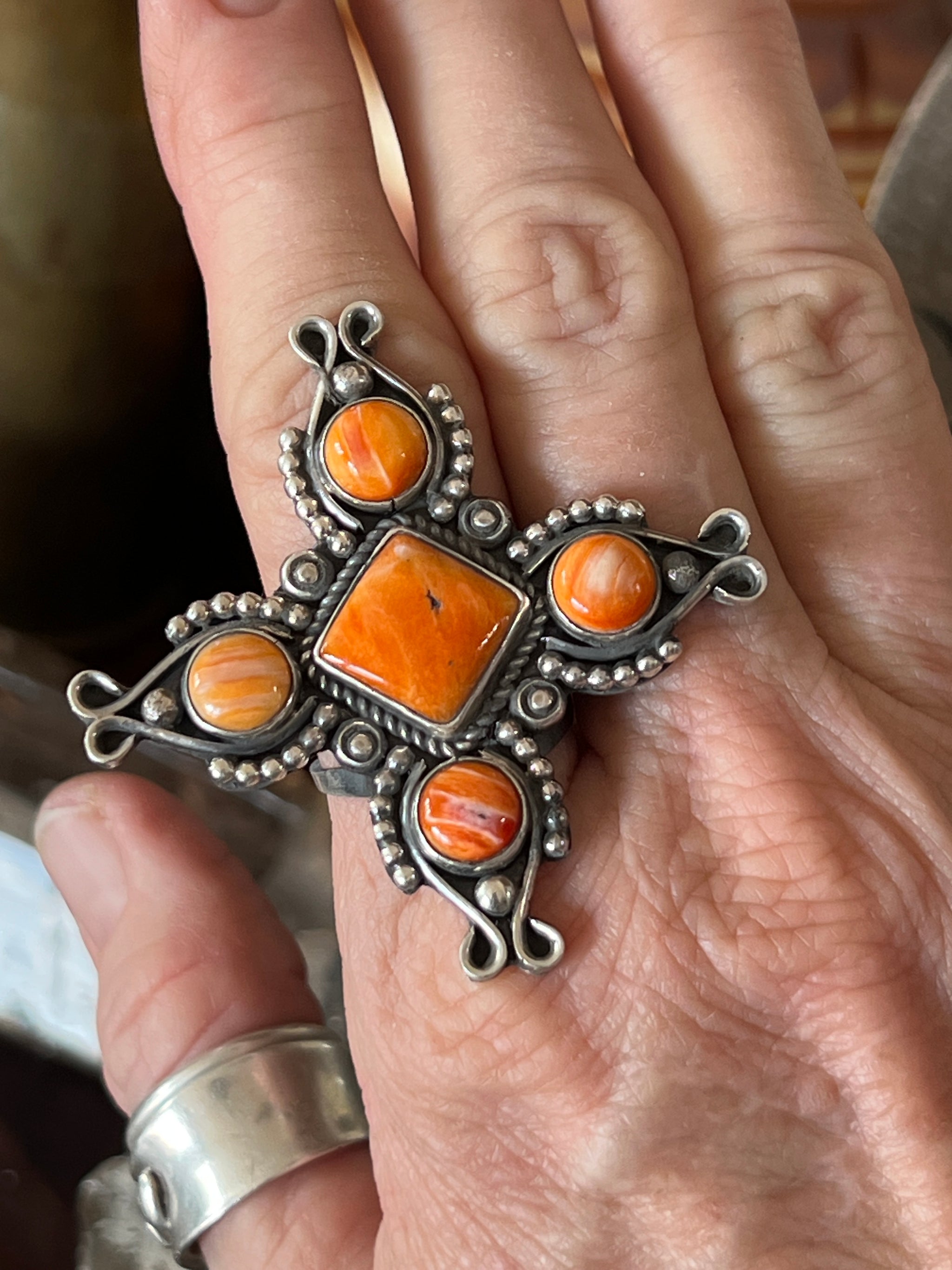 Apache Sterling Silver and Orange Spiny Oyster Shell 4 Direction Ring
