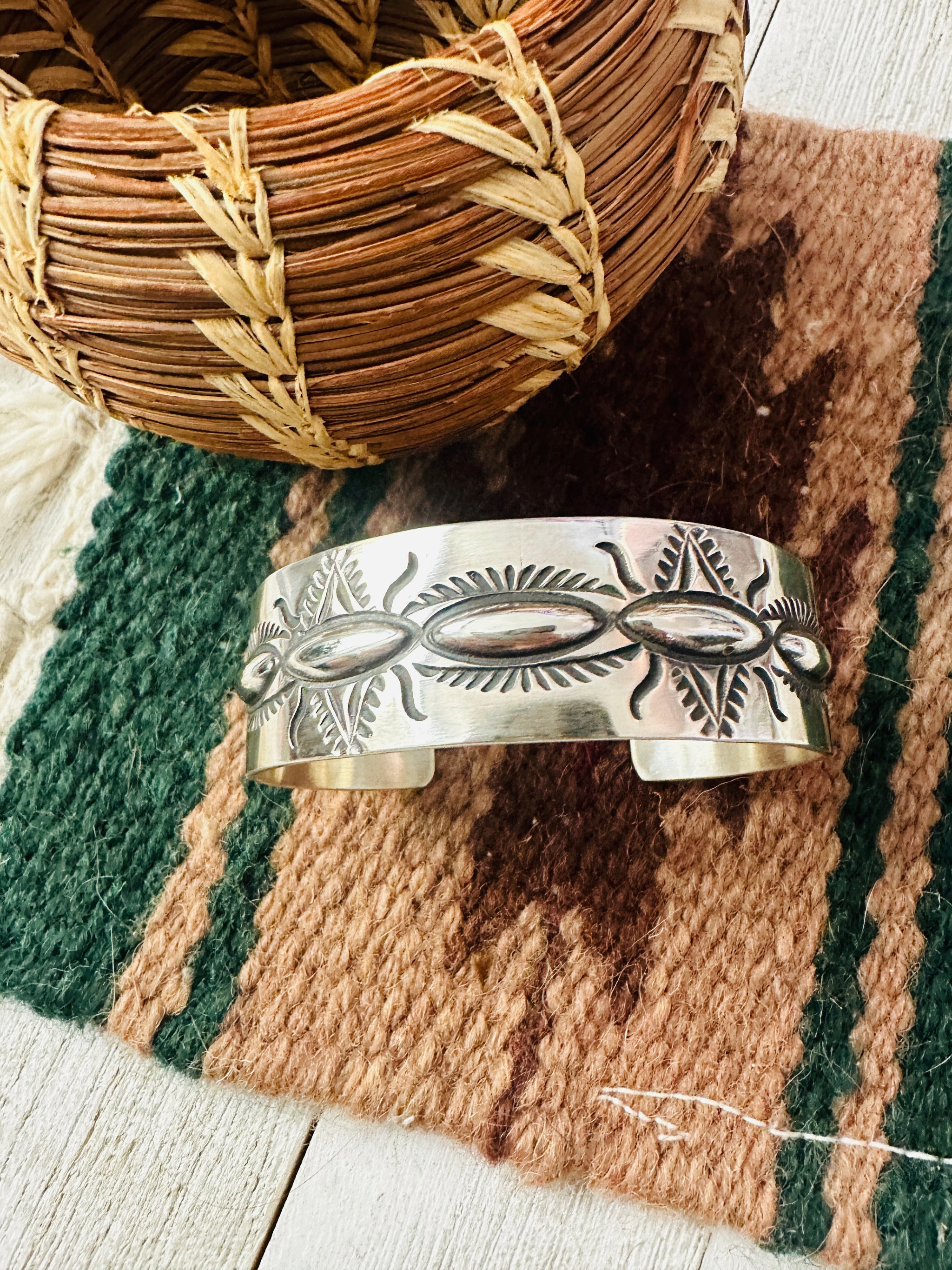 Handcrafted Stamped Sterling Silver Cuff Bracelet By Elvira Bill