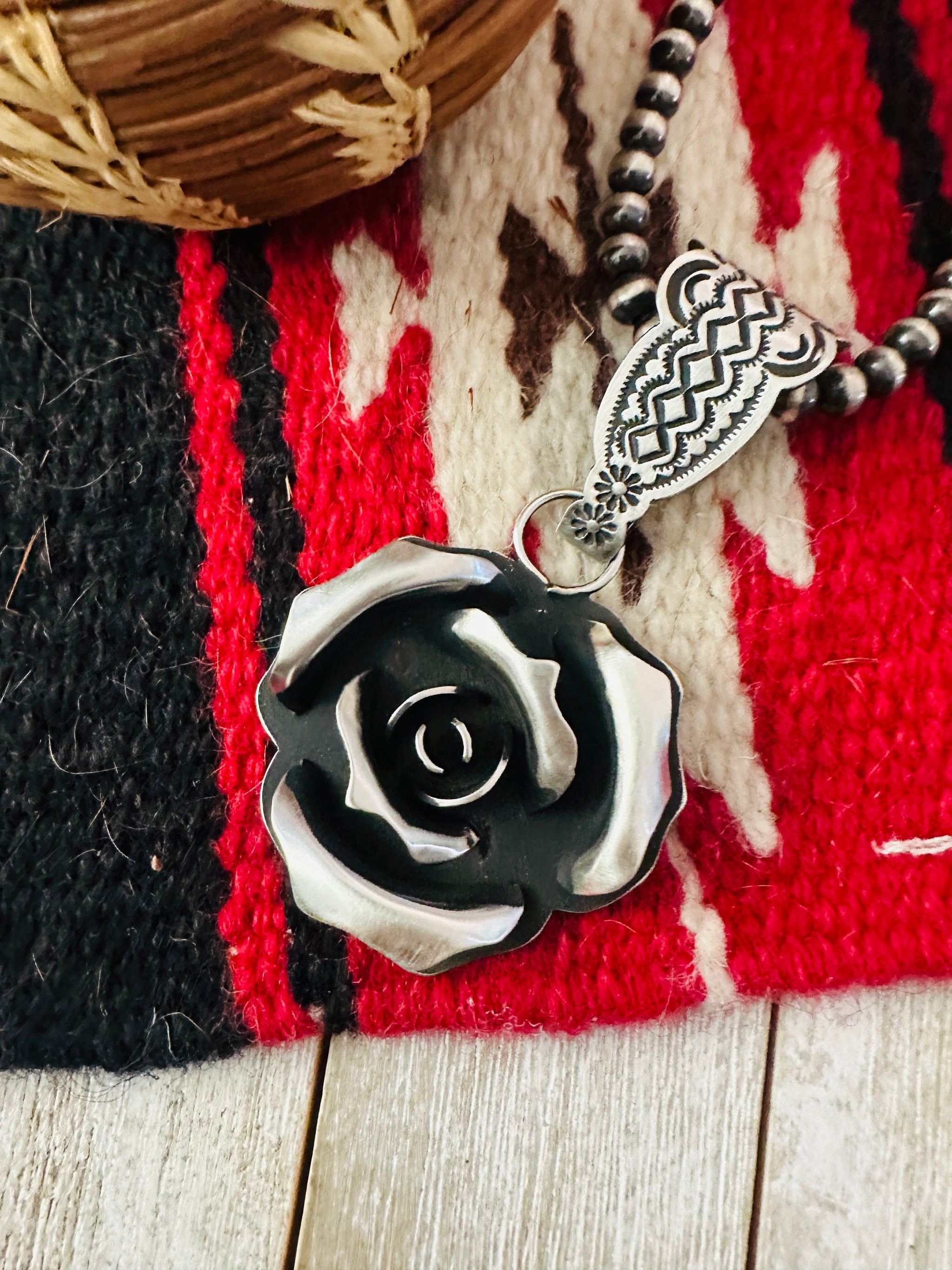 Navajo Hand Stamped Sterling Silver Rose Pendant by Leander Tahe