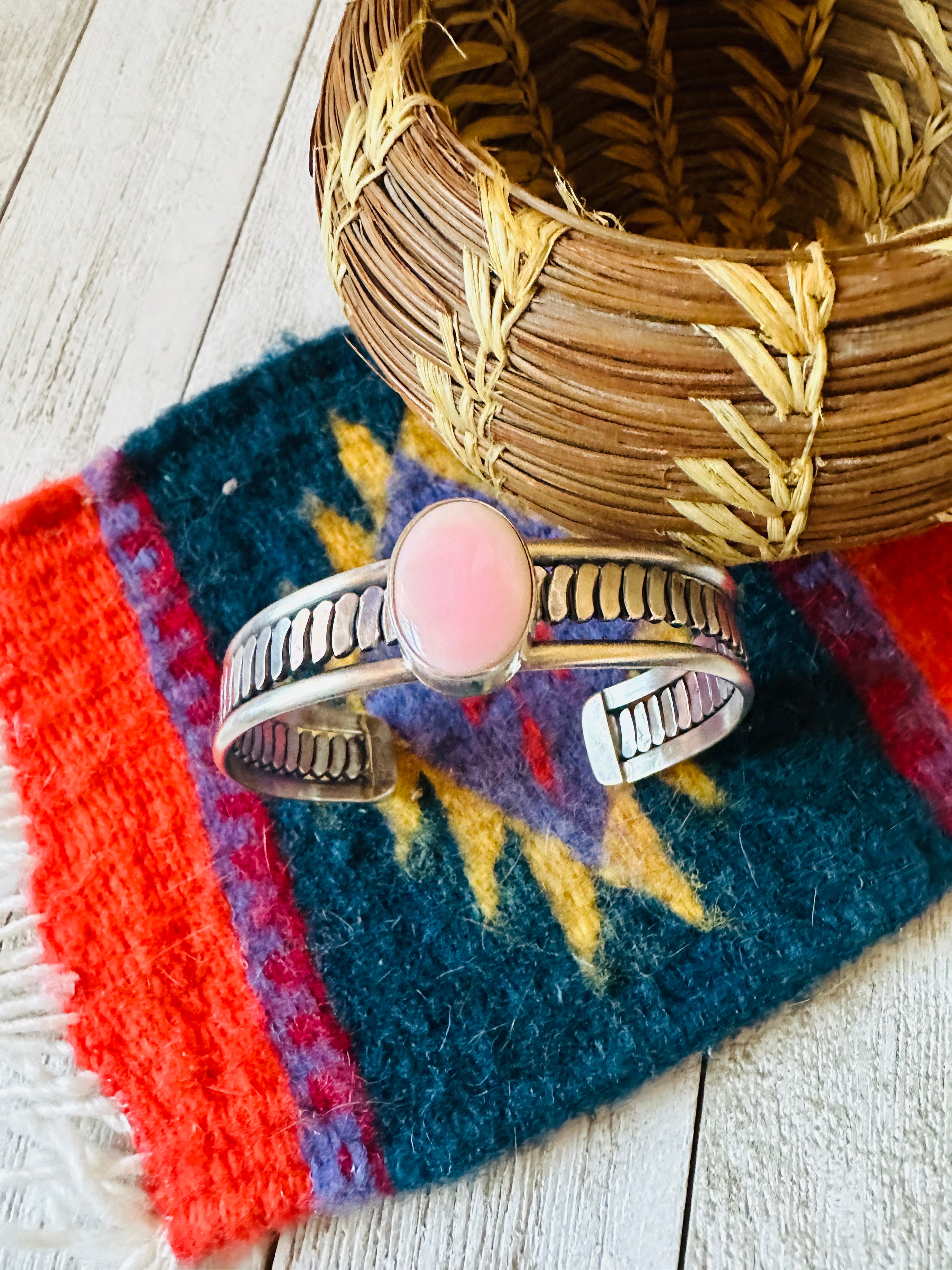 Handcrafted Queen Pink Conch Shell & Sterling Silver Cuff Bracelet