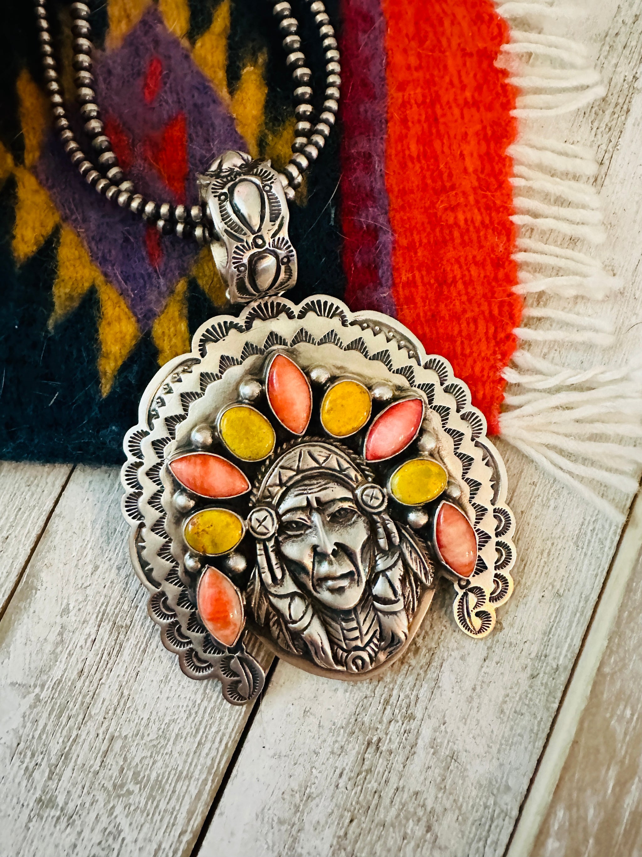 Handcrafted Spiny, Jasper & Sterling Silver Indian Chief Pendant