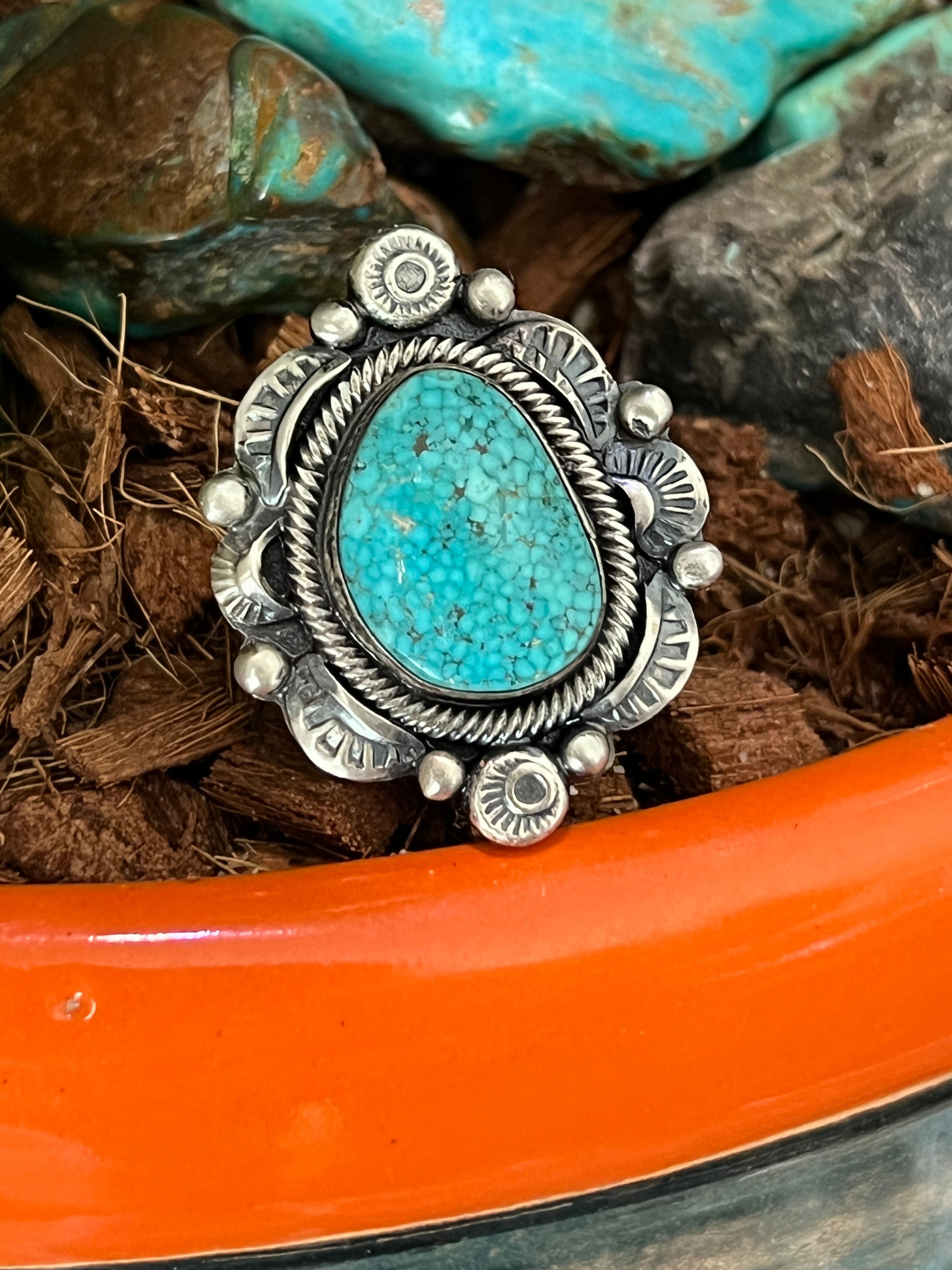 Navajo Sterling Silver and Natural Kingman Web Ring by Boyd Ashley, Si