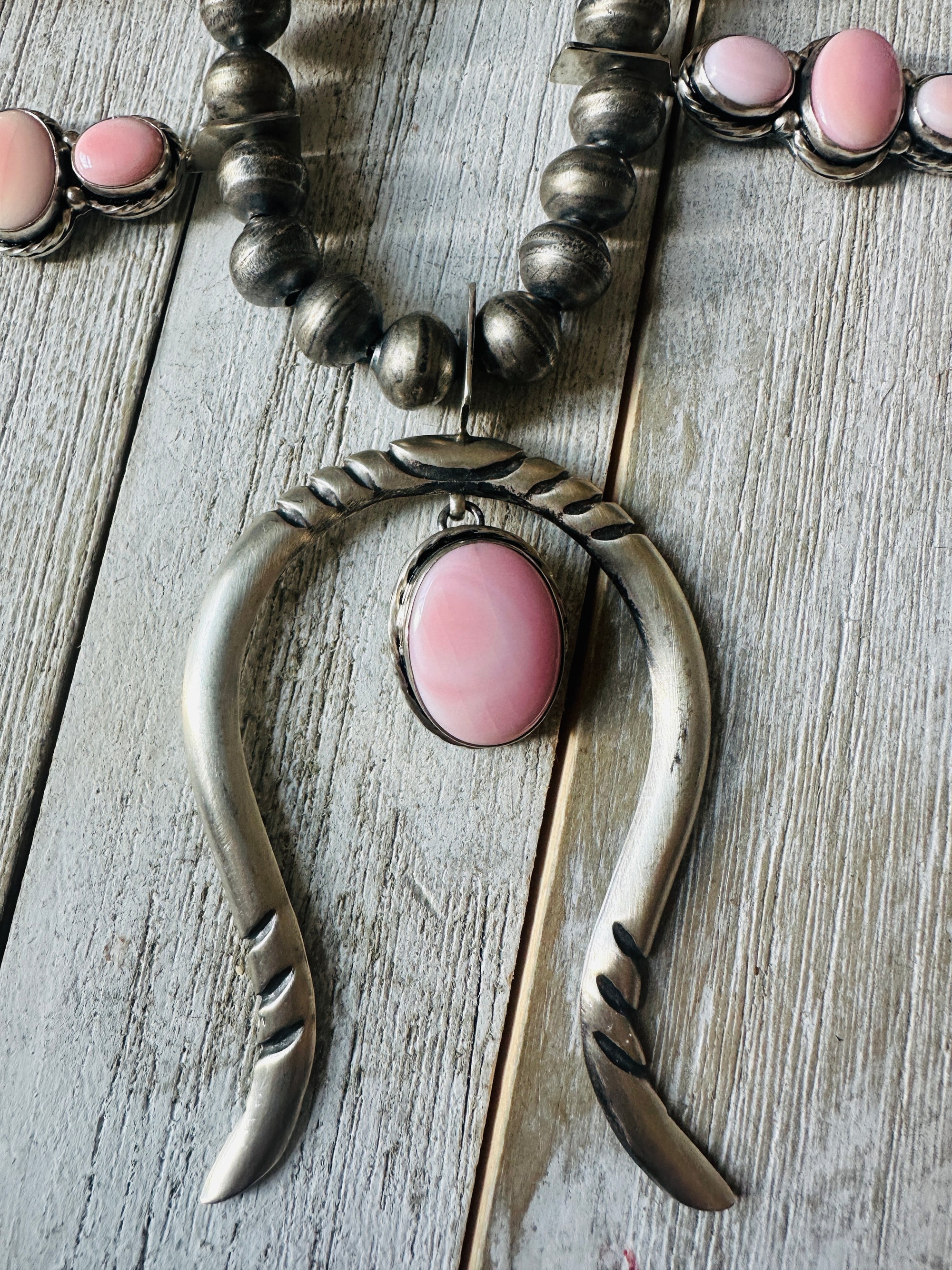 Handcrafted Sterling Silver & Queen Pink Conch Squash Blossom Necklace