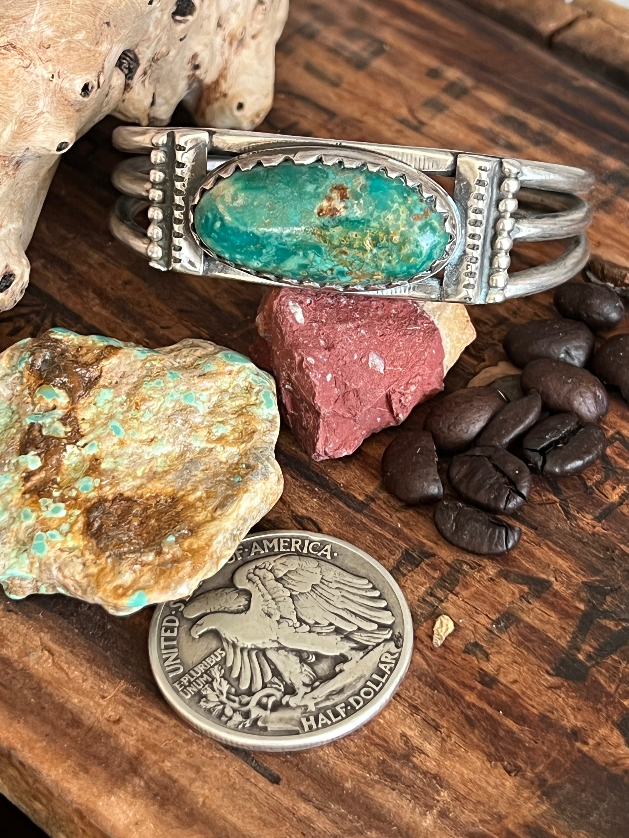 Hand Forged Old Pawn Sterling Silver & Turquoise Cuff Bracelet by Sant