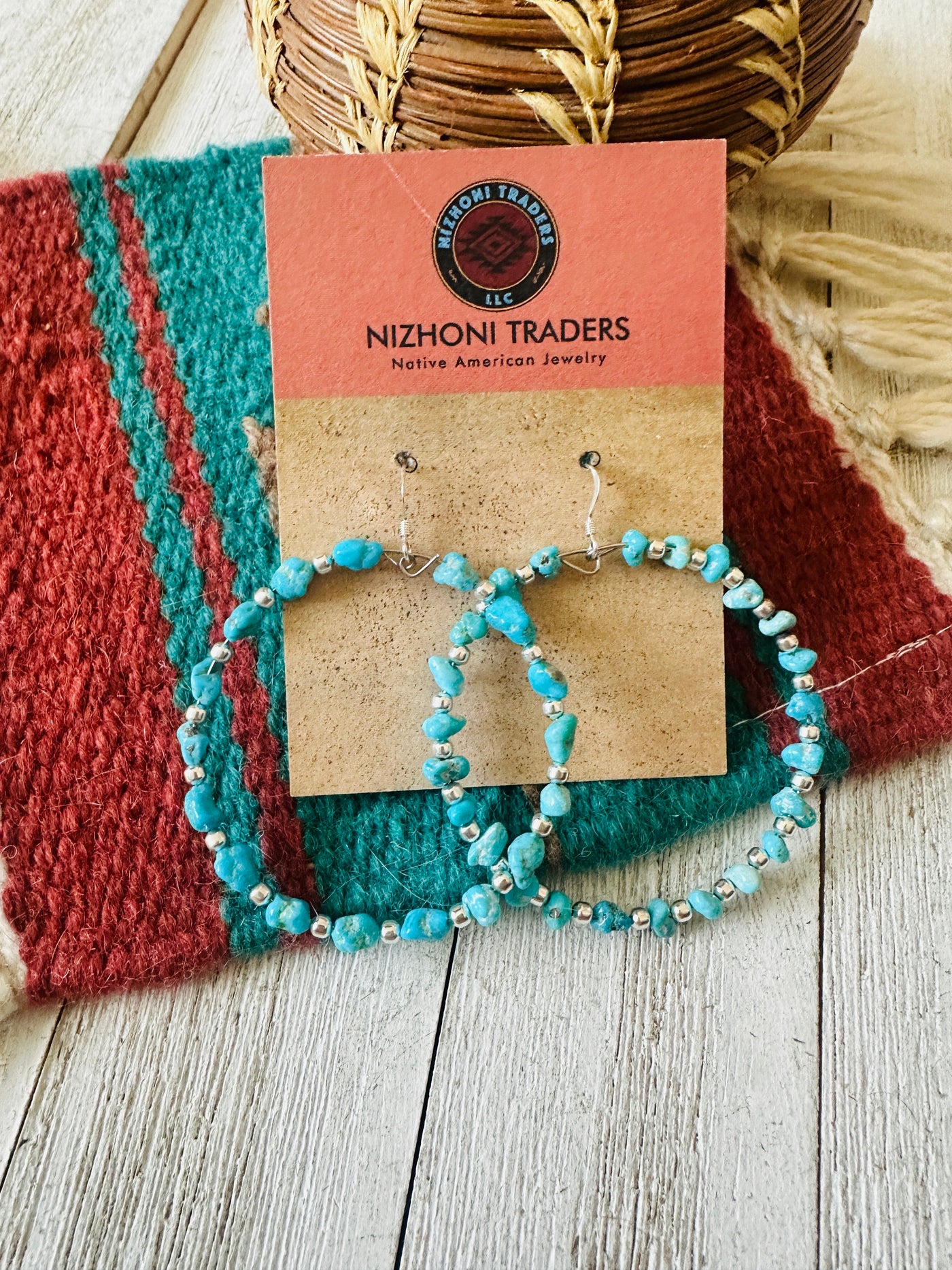 Handcrafted Turquoise & Sterling Silver Dangle Hoop Earrings Leslies F