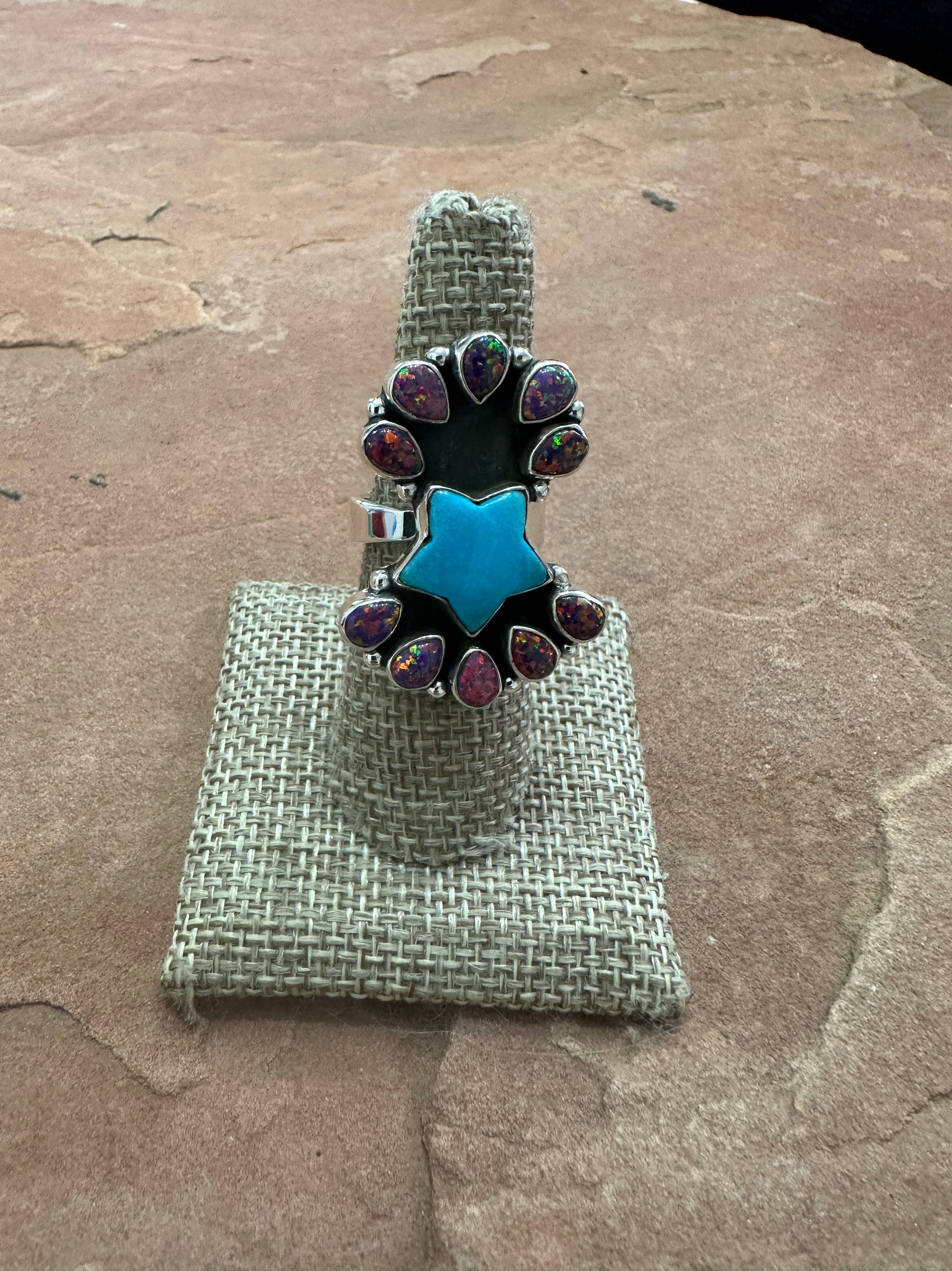 Beautiful Handmade Turquoise, Fire Opal And Sterling Silver Adjustable