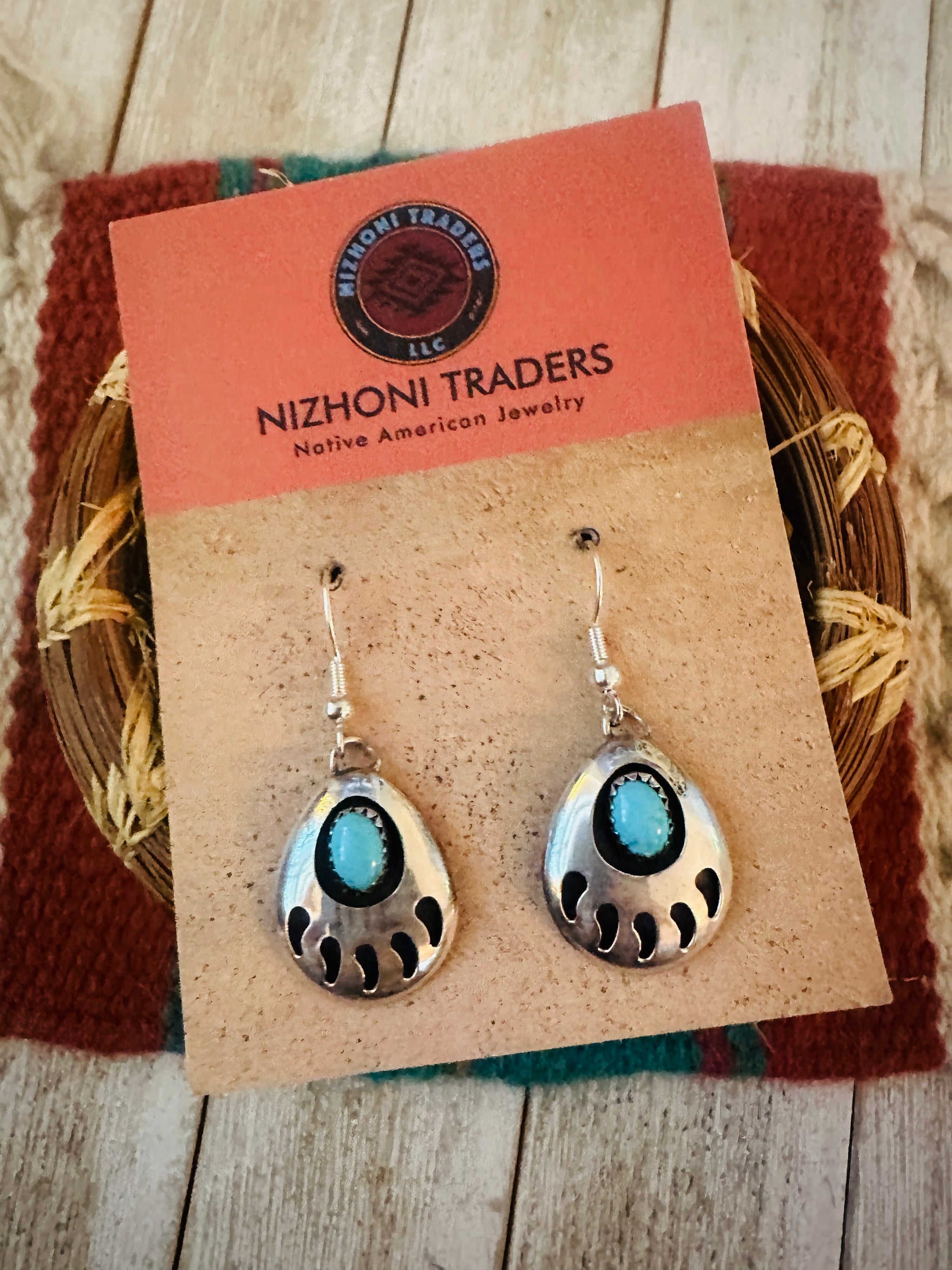 Handcrafted Old Pawn Sterling Silver & Turquoise Bear Paw Dangle Earri