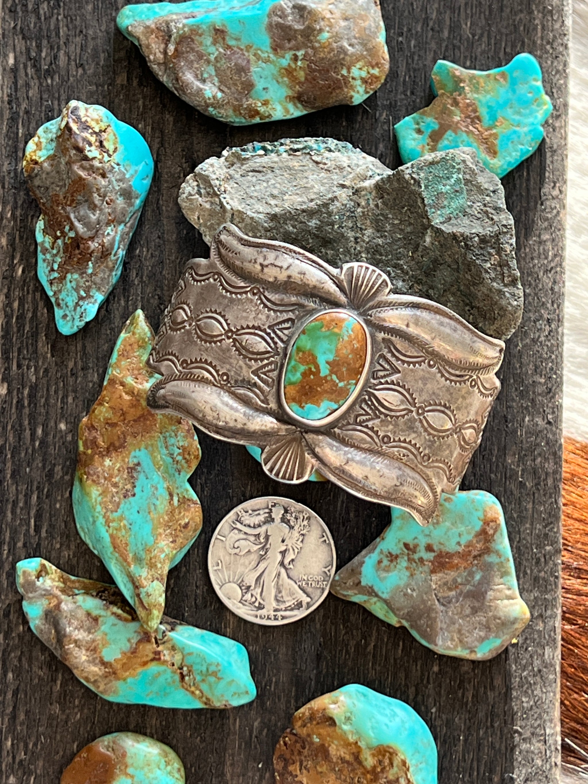 Handcrafted & Hand Forged Old Pawn Sterling Silver Ingot Turquoise Cuf