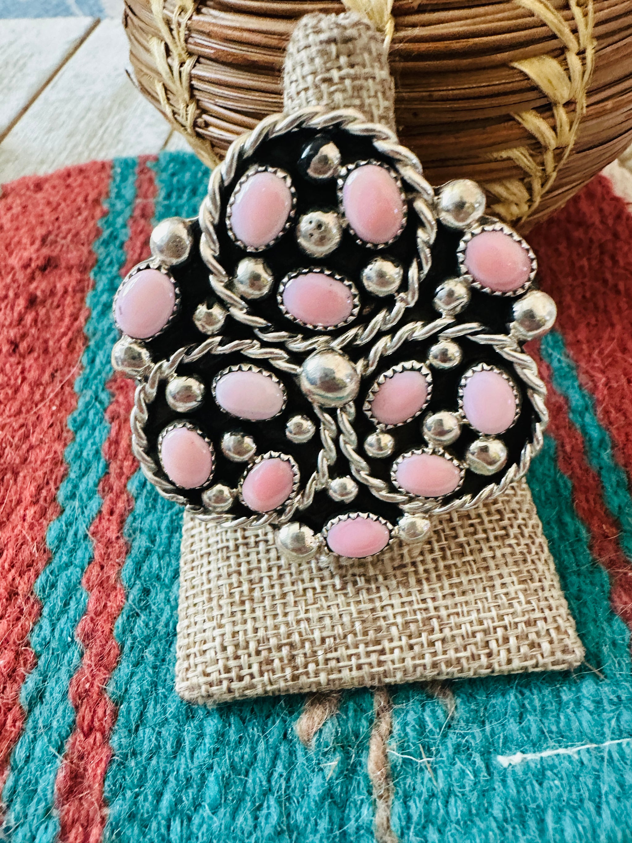 Handcrafted Sterling Silver & Queen Pink Conch Cluster Adjustable Ring