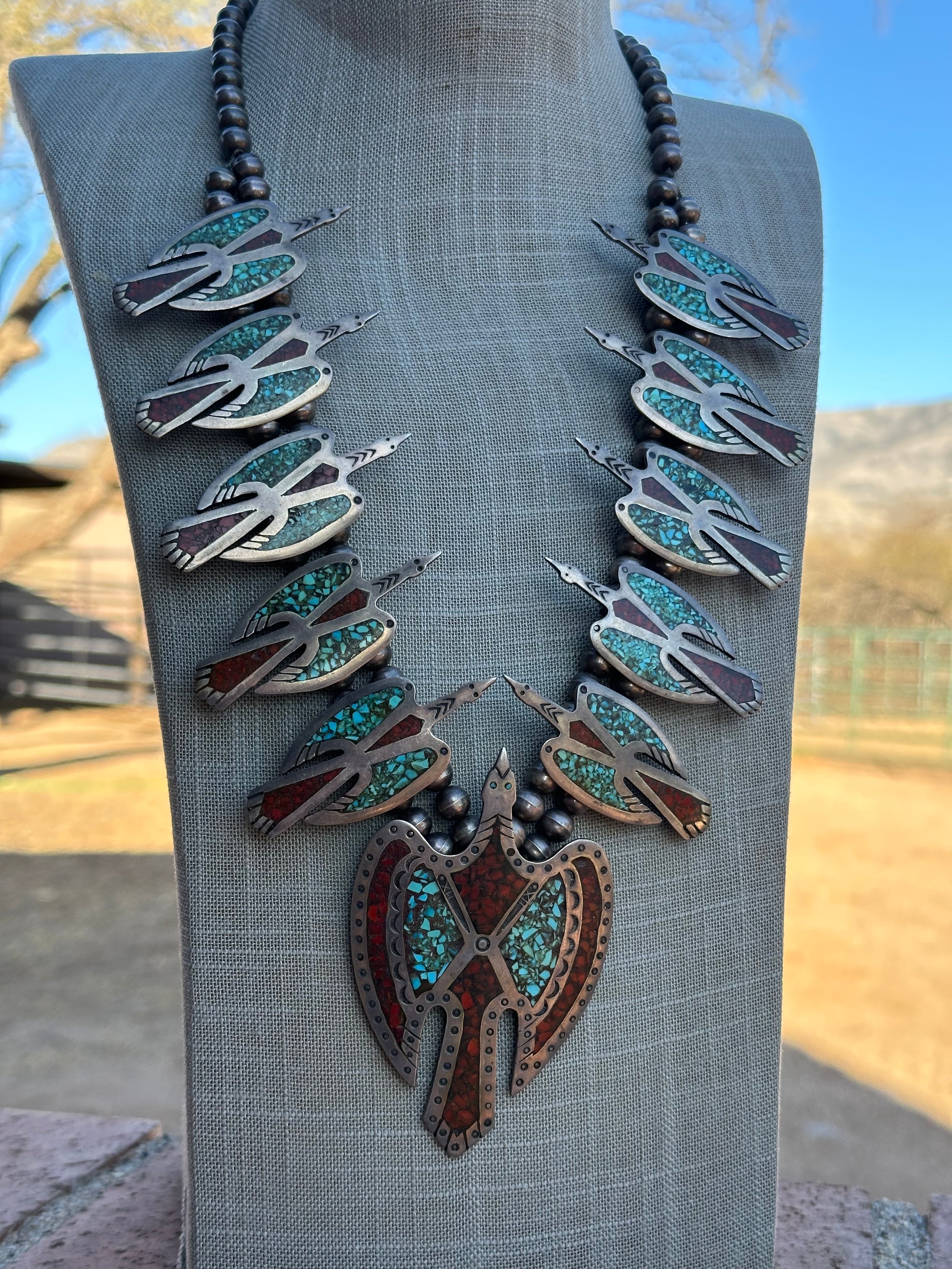 Estate Collection Old Pawn Navajo Turquoise & Coral Sterling Silver Ch
