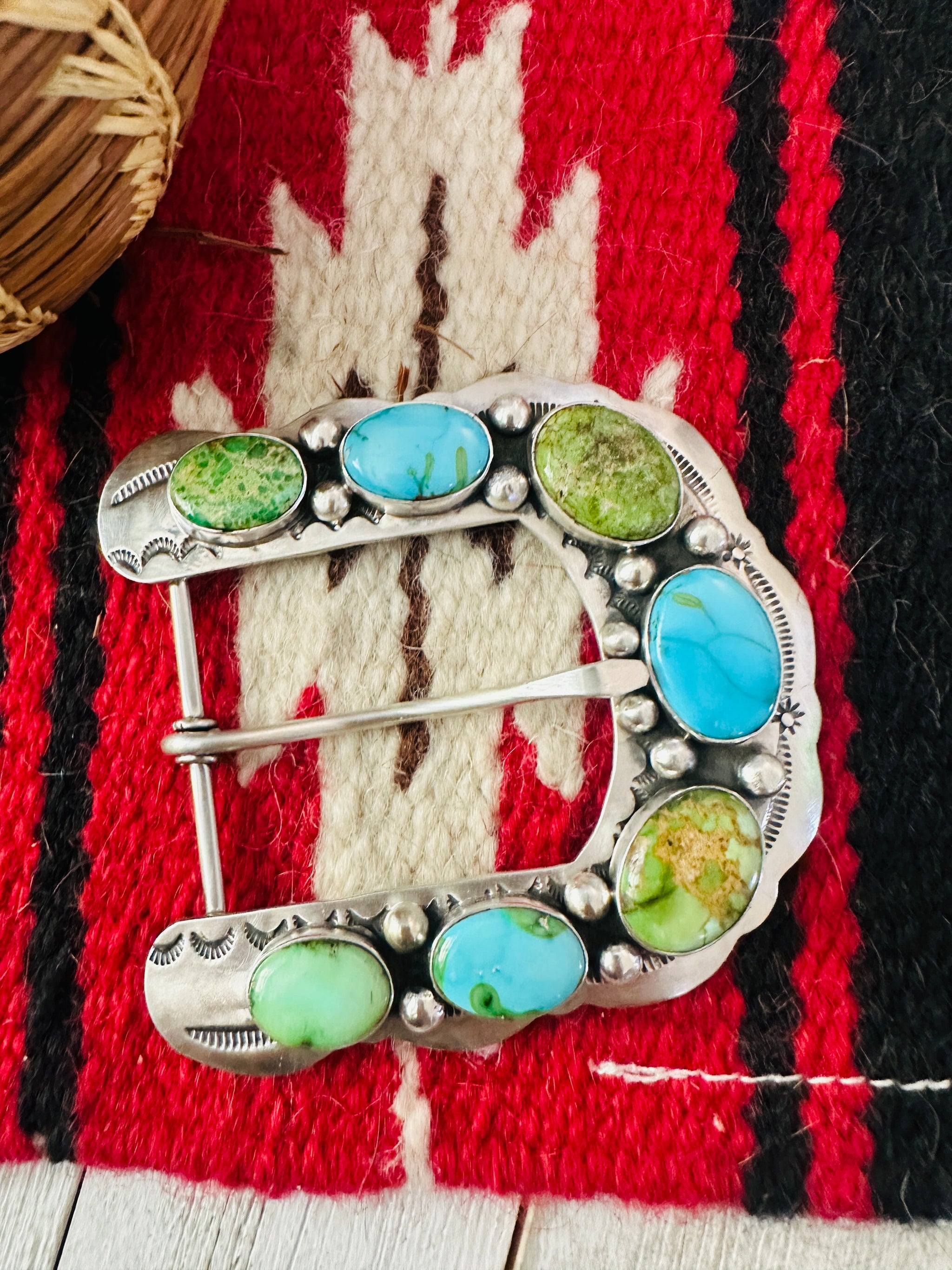 Navajo Turquoise & Sterling Silver Belt Buckle by Russell Sam