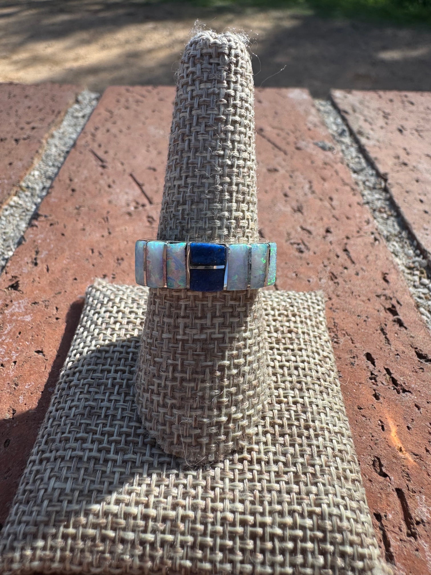 Handcrafted Sterling Silver & White Fire Opal with Lapis Inlay Band Ri