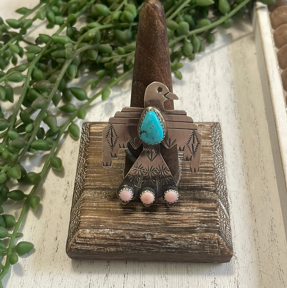 Handcrafted Thunderbird Sterling Silver, Pink Conch & Turquoise Adjust