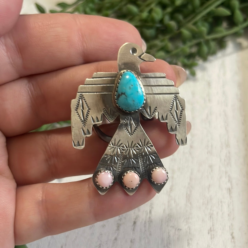 Handcrafted Thunderbird Sterling Silver, Pink Conch & Turquoise Adjust